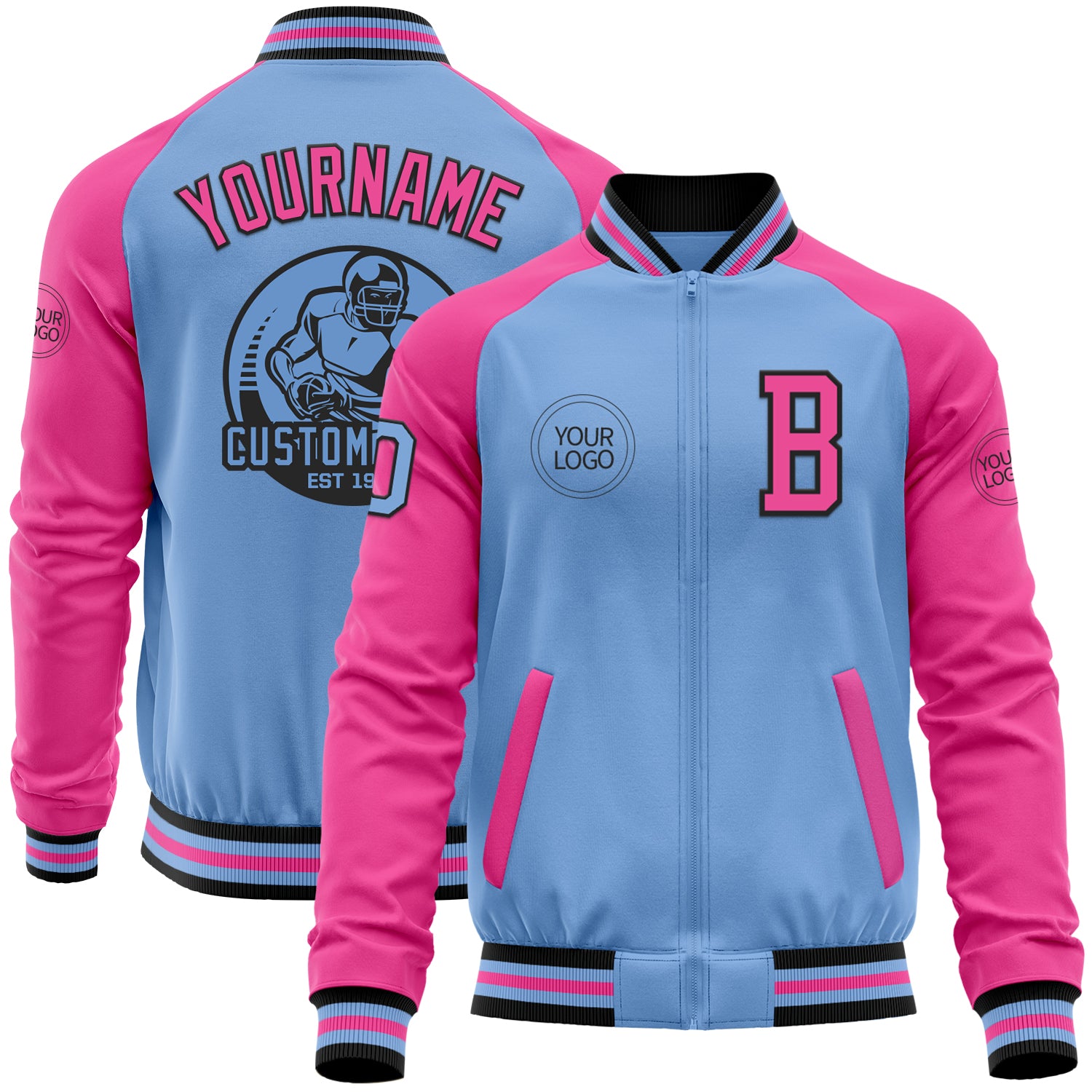 2025 Custom Light Blue Black-Pink Bomber Varsity Letterman Two Tone ...