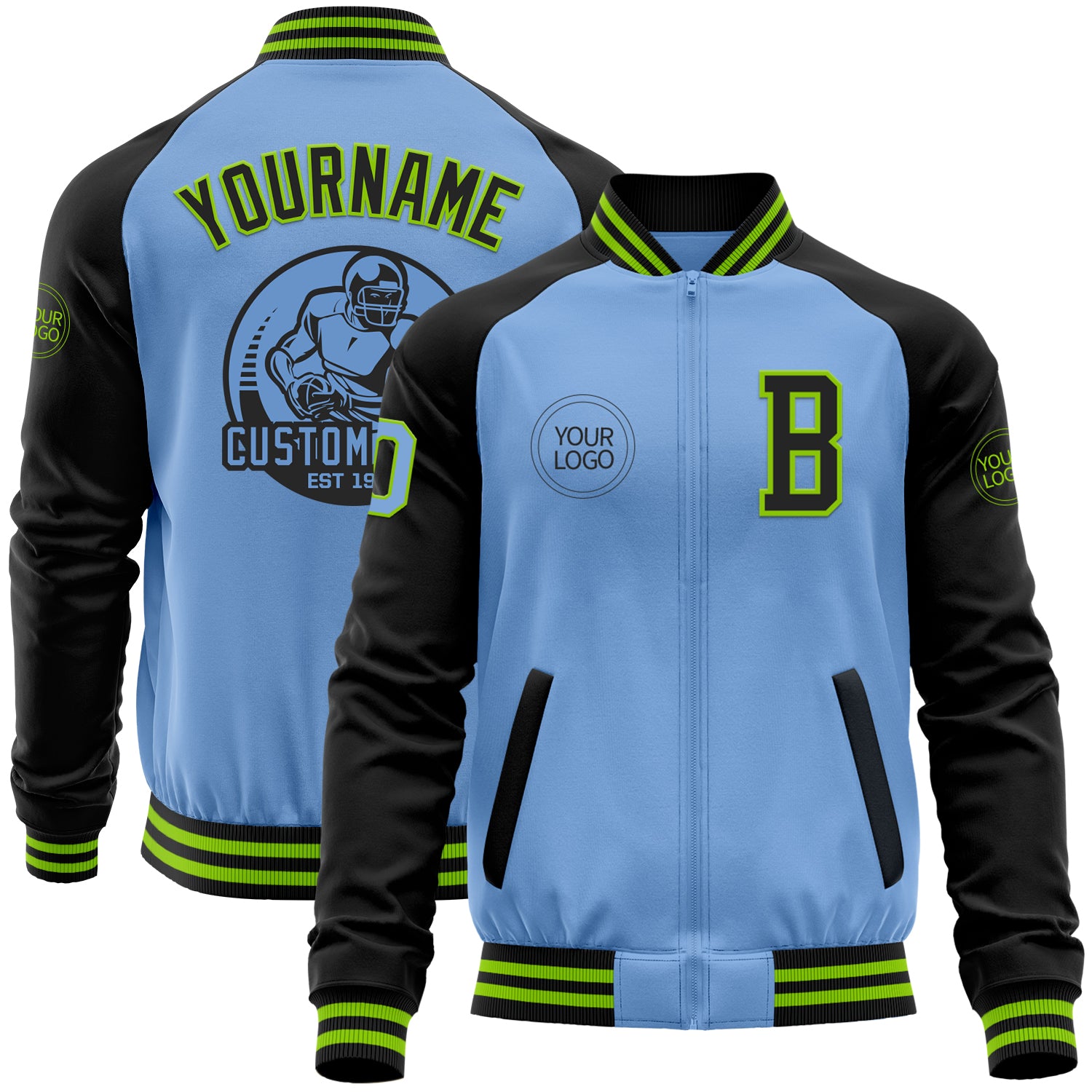 2025 Custom Light Blue Neon Green-Black Bomber Varsity Letterman Two ...