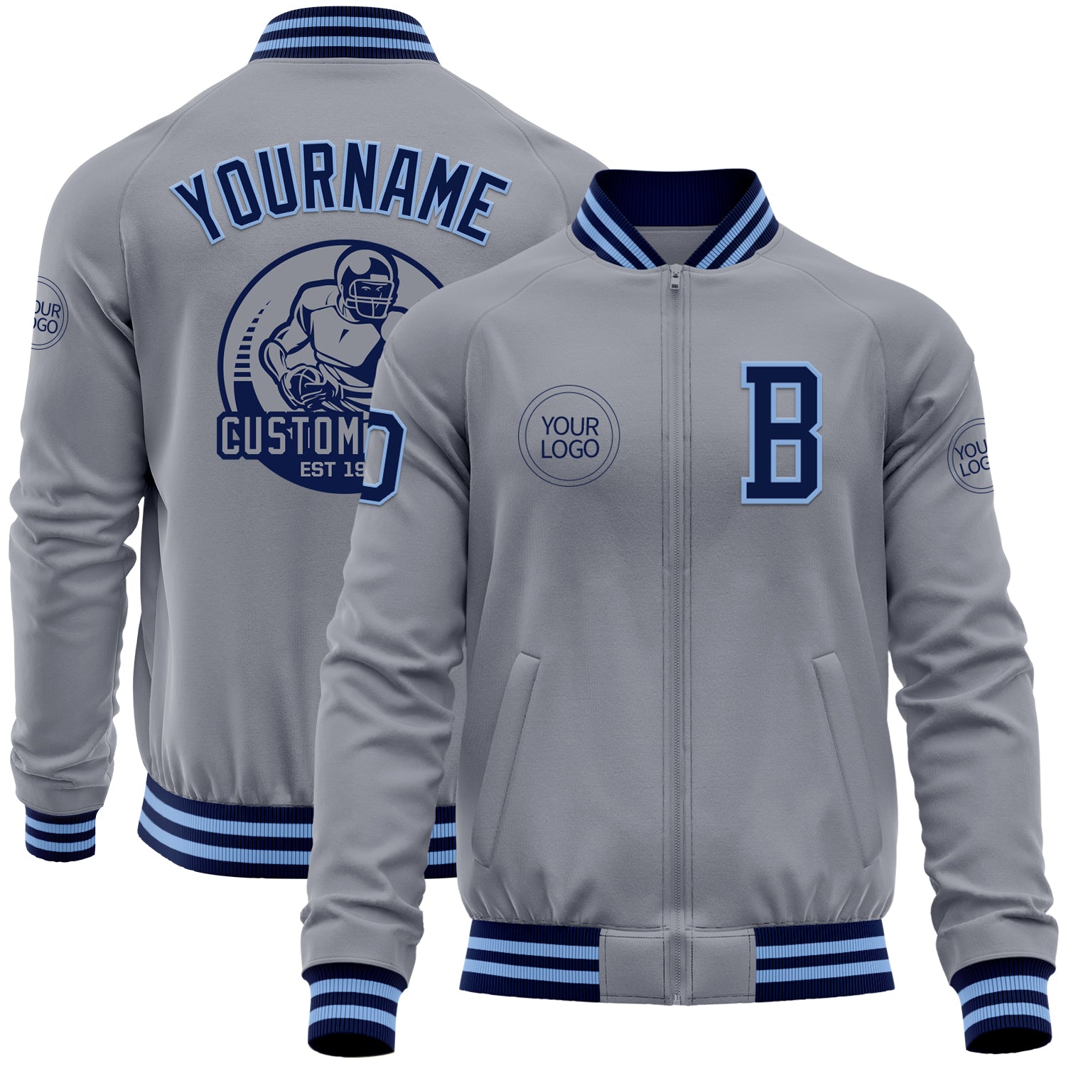 2025 Custom Gray Navy-Light Blue Bomber Varsity Letterman Zipper Jacket ...