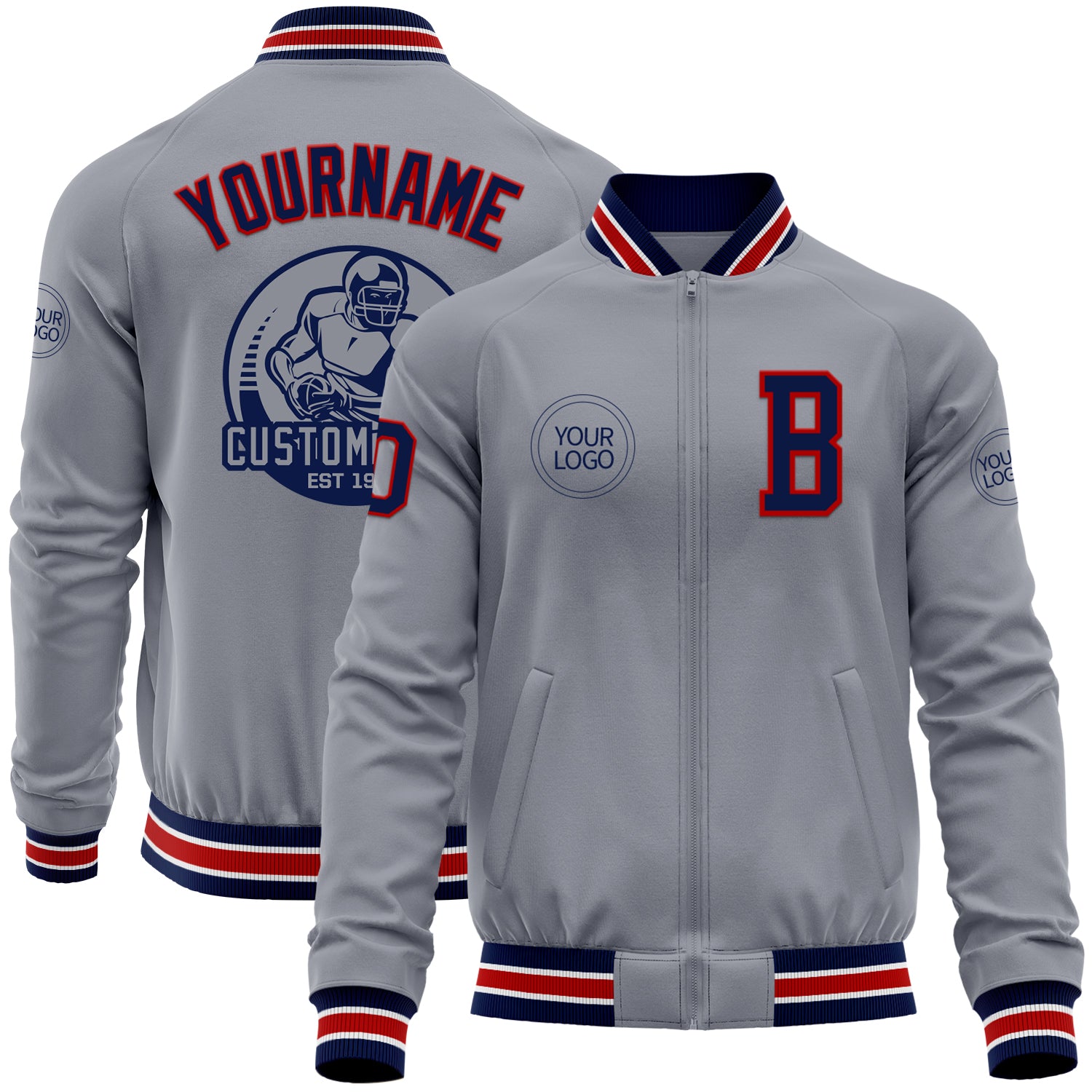 2025 Custom Gray Navy-Red Bomber Varsity Letterman Zipper Jacket Sale ...