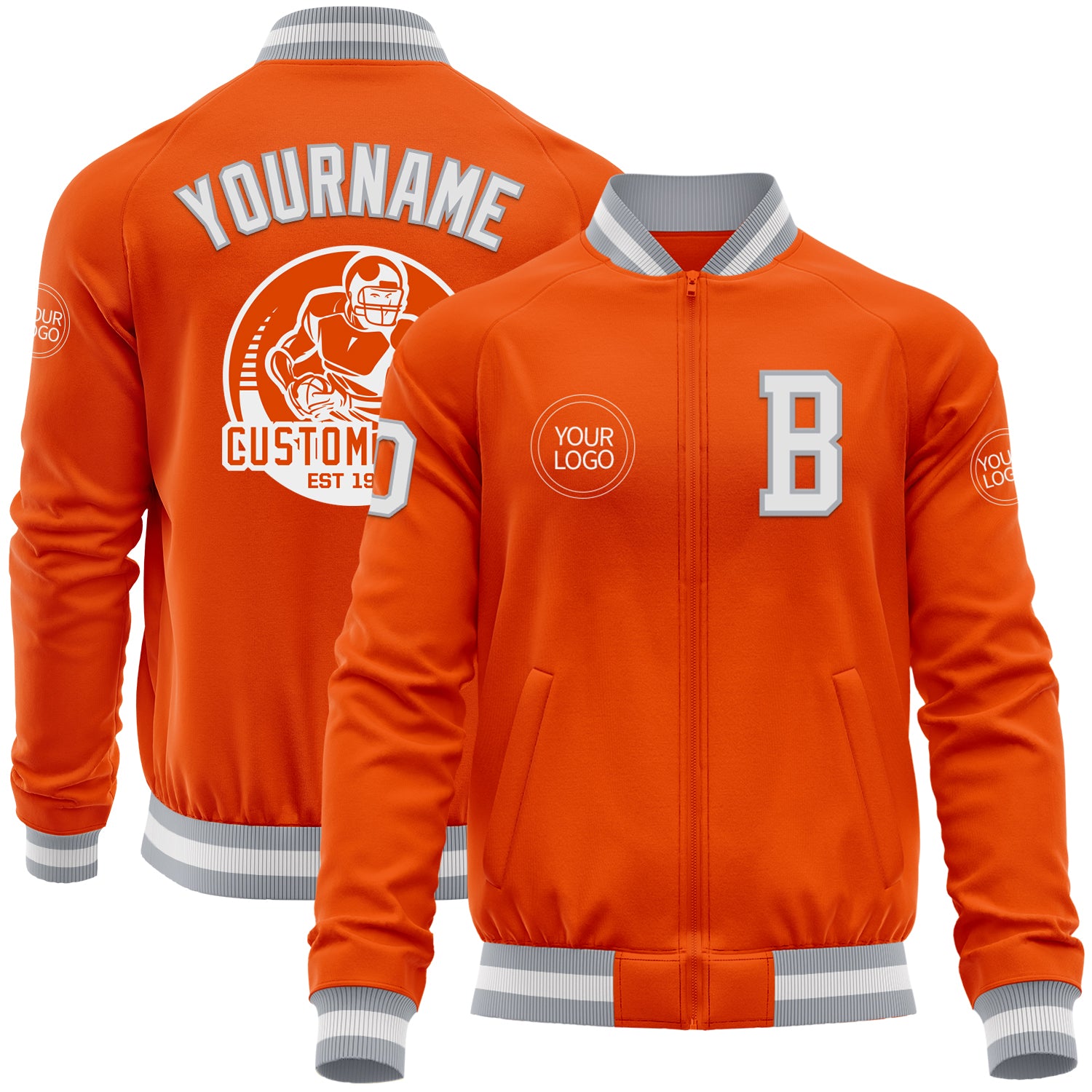2025 Custom Orange White-Gray Bomber Varsity Letterman Zipper Jacket ...