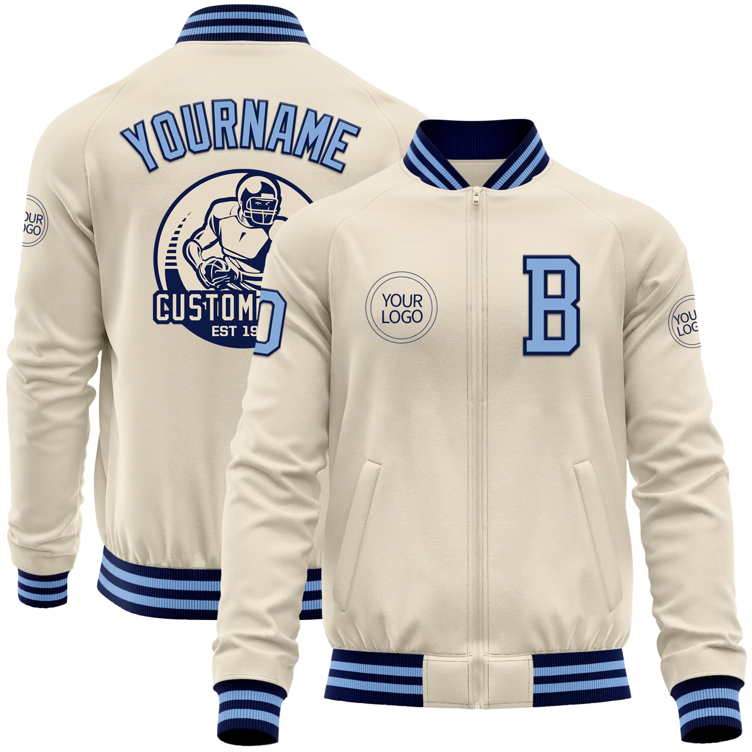 2025 Custom Cream Light Blue-Navy Bomber Varsity Letterman Zipper ...