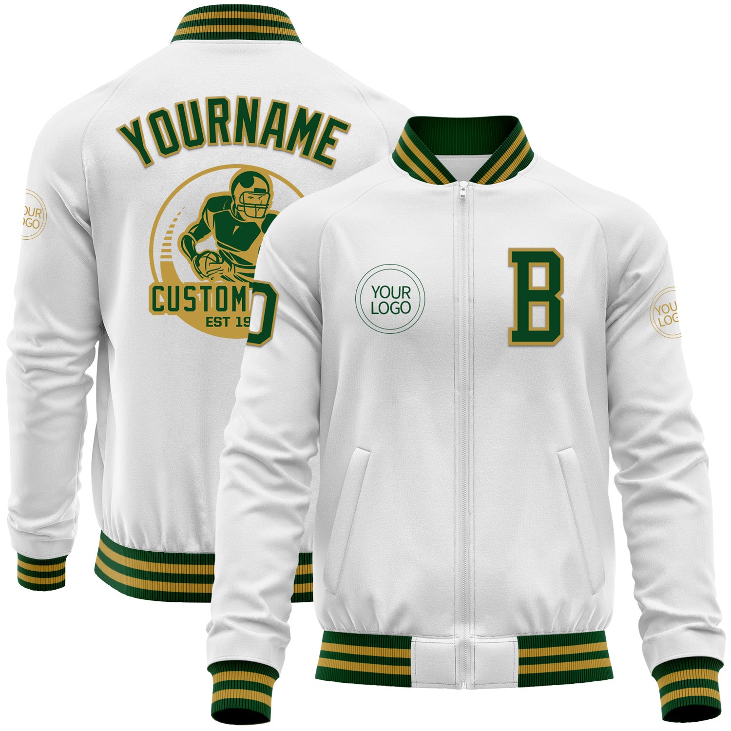 2025 Custom Zipper Jacket Bomber Varsity Letterman Jacket White Green ...