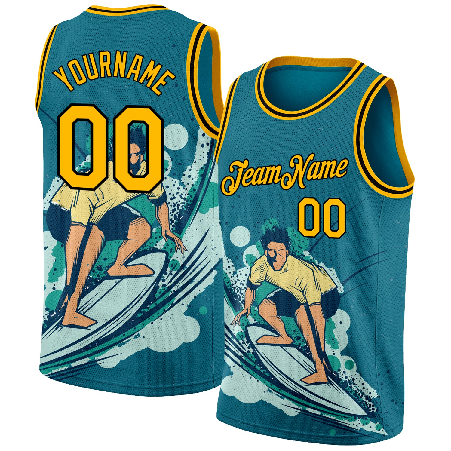 Custom Teal Gold-Black 3D Pattern Beach Surfing Authentic Basketball ...