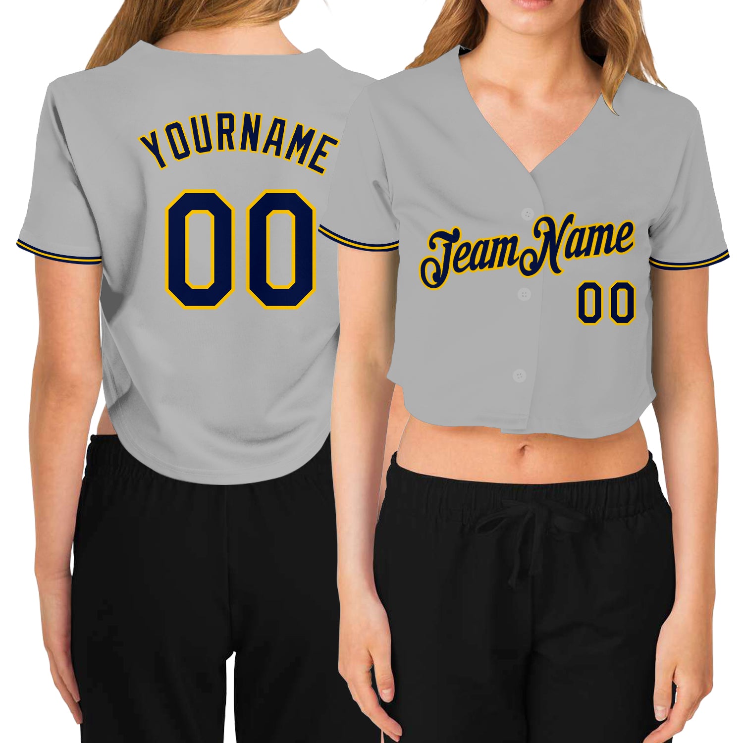 Custom Women's Gray Navy-Gold V-Neck Cropped Baseball Jersey Sale ...