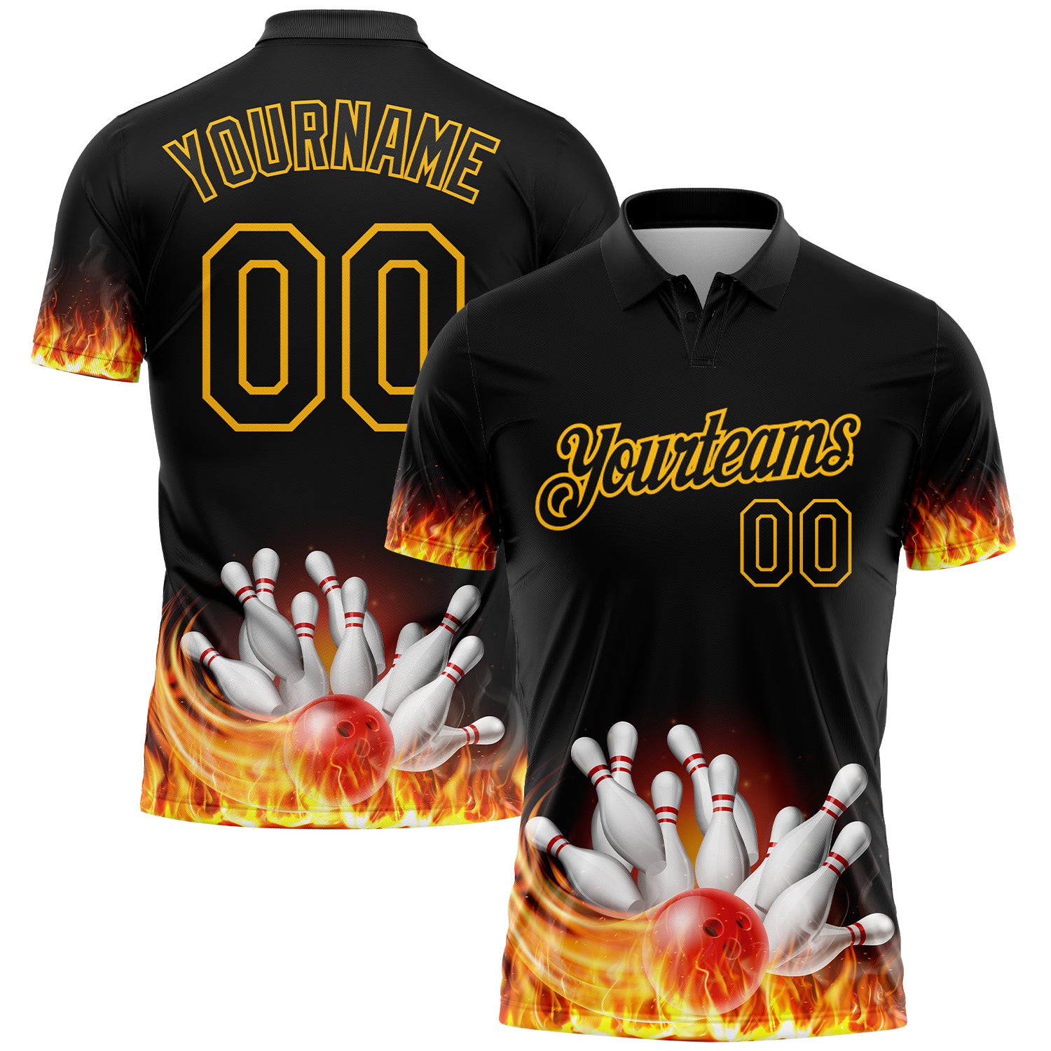 Custom Black Gold 3D Pattern Design Flame Bowling Performance Golf Polo ...
