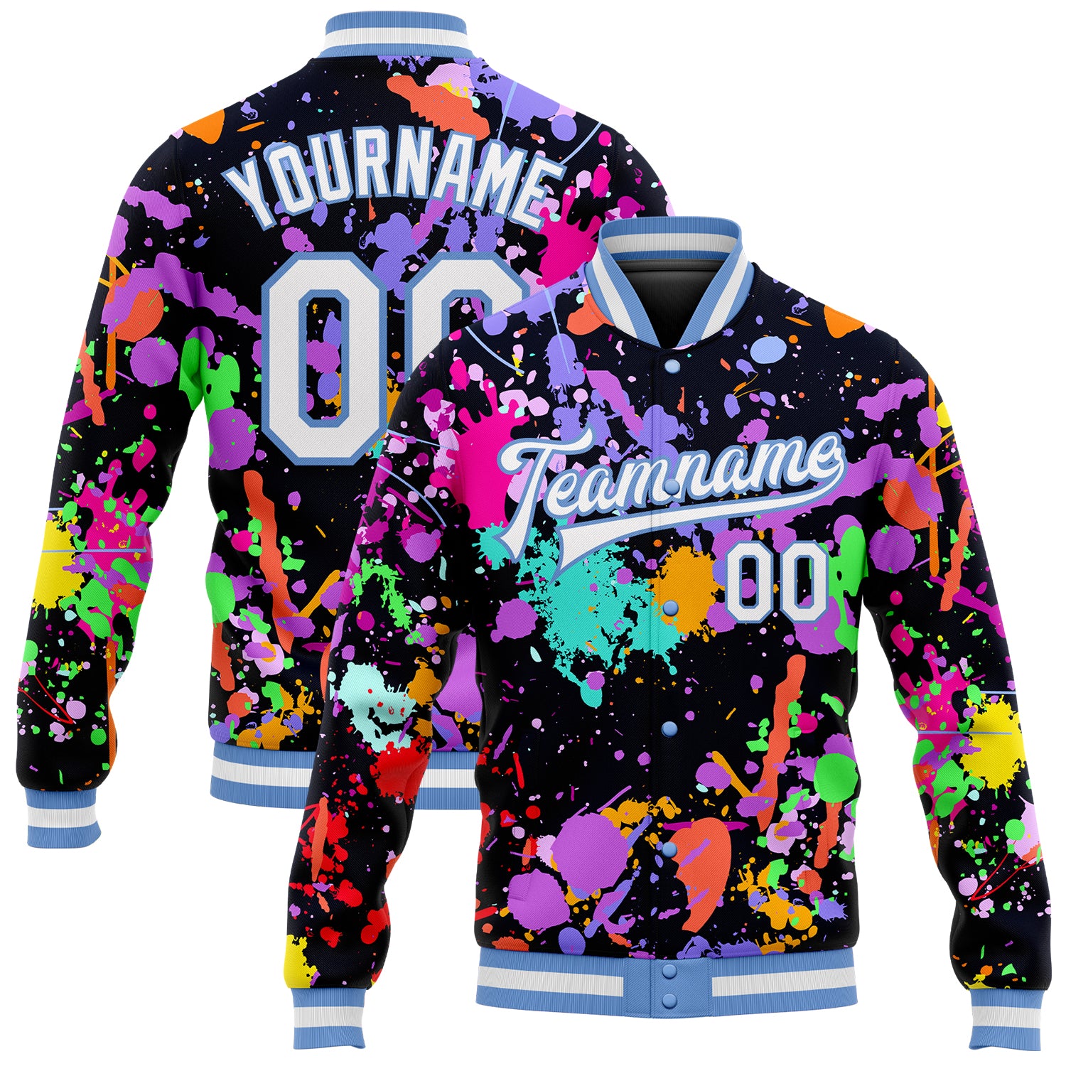 Custom Graffiti Pattern White-Light Blue Splashes 3D Bomber Full-Snap ...