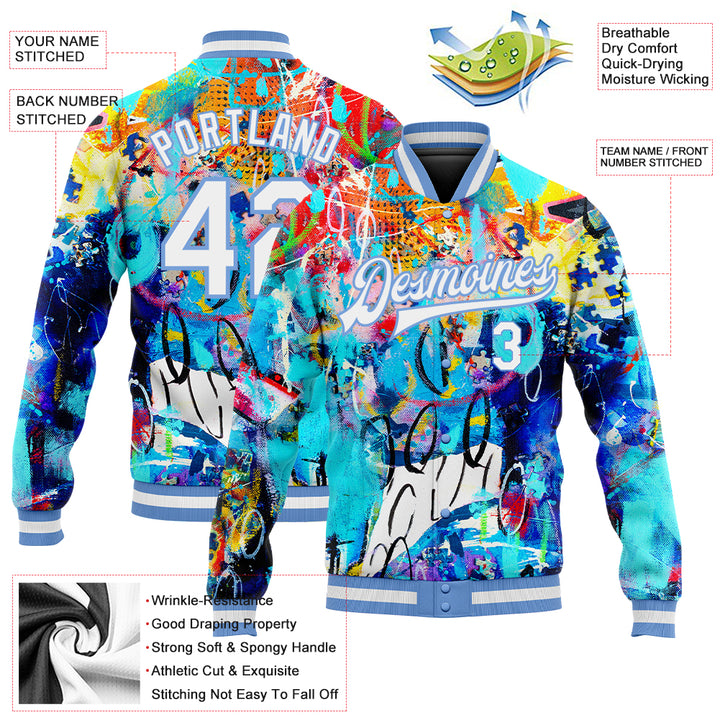 Custom Graffiti Pattern White-Light Blue Abstract 3D Bomber Full-Snap ...