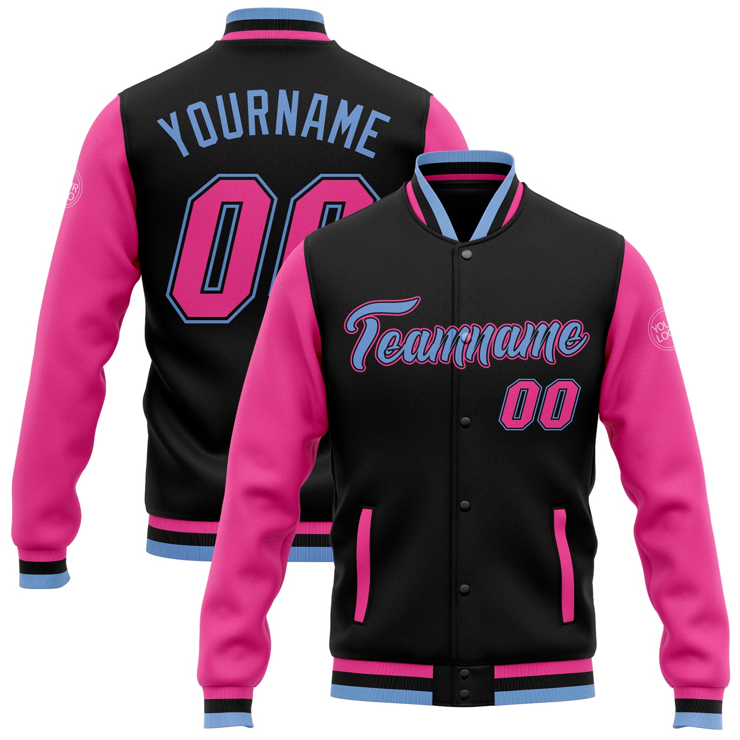 Custom Black Pink-Light Blue Bomber Full-Snap Varsity Letterman Two ...