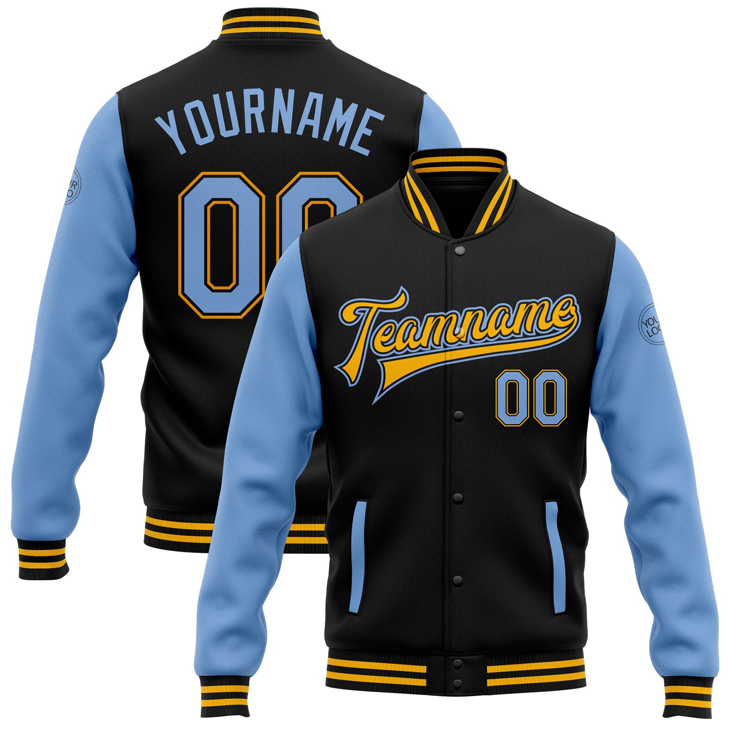 Custom Black Light Blue-Gold Bomber Full-Snap Varsity Letterman Two ...