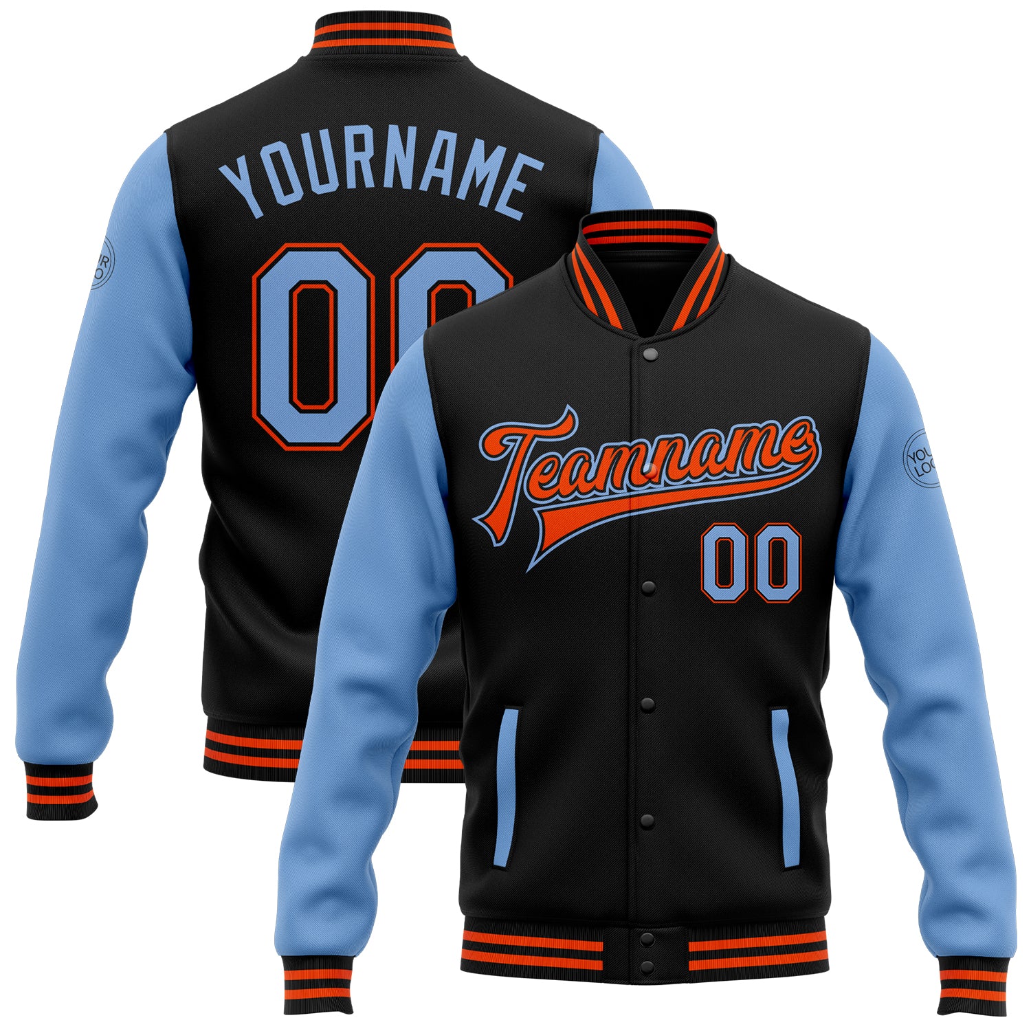 Custom Black Light Blue-Orange Bomber Full-Snap Varsity Letterman Two ...