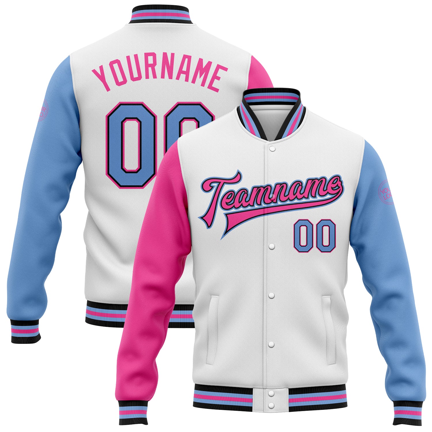Custom White Light Blue Black-Pink Bomber Full-Snap Varsity Letterman ...