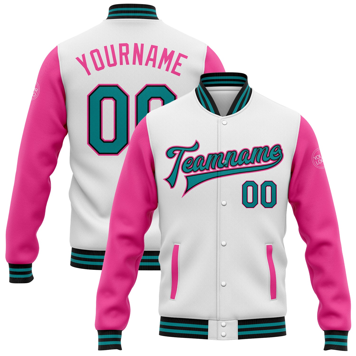 Custom White Teal Black-Pink Bomber Full-Snap Varsity Letterman Two ...