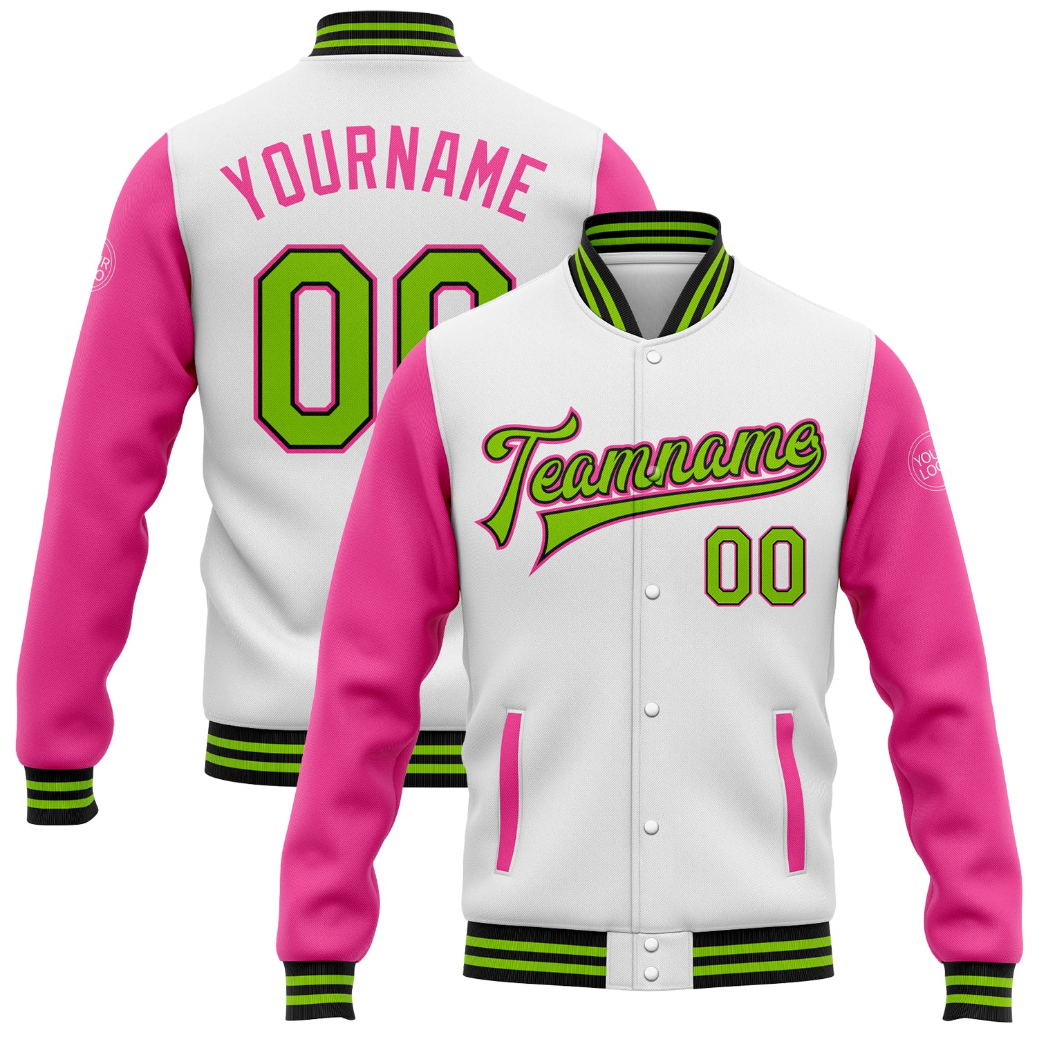 Custom White Neon Green Black-Pink Bomber Full-Snap Varsity Letterman ...