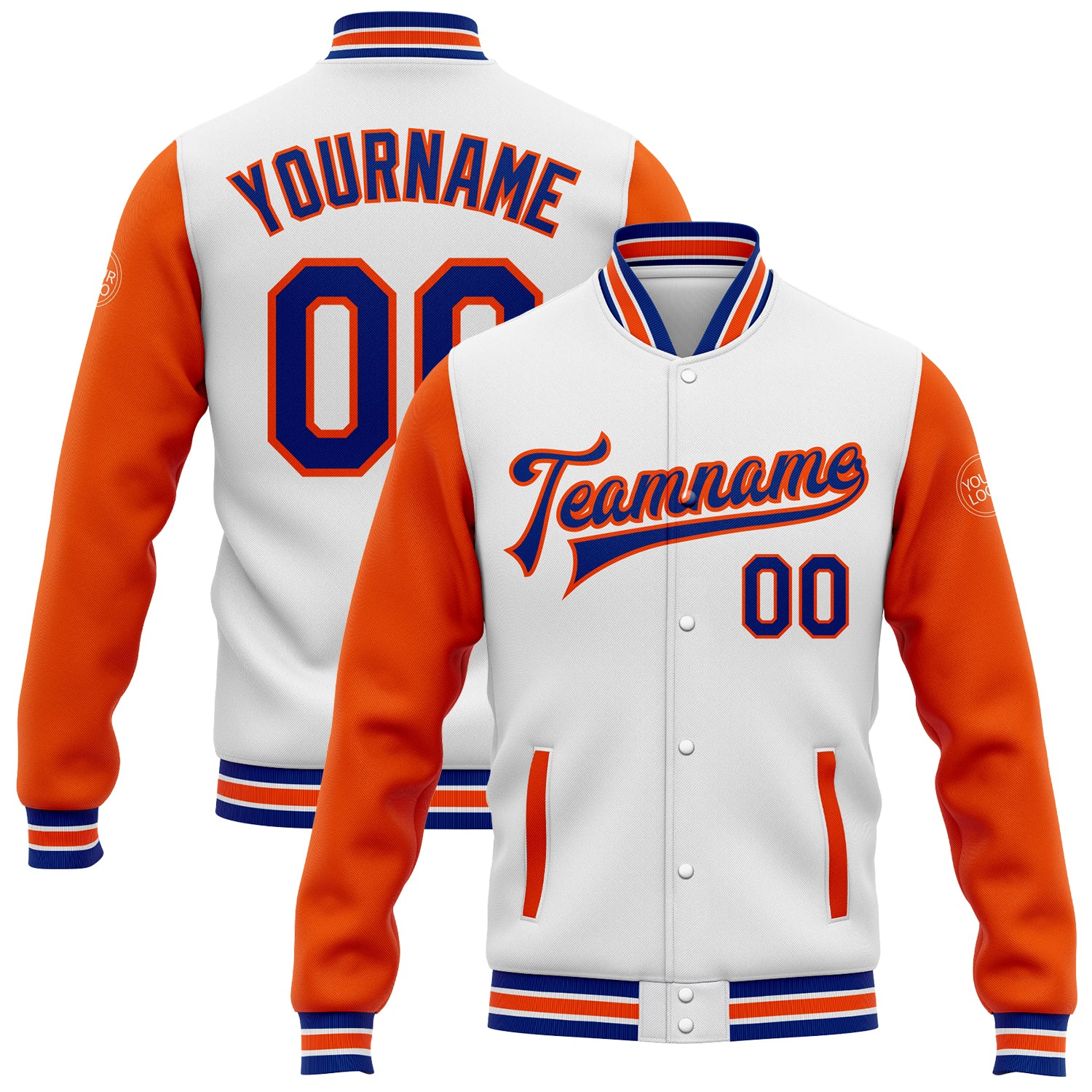 Custom White Royal-Orange Bomber Full-Snap Varsity Letterman Two Tone ...