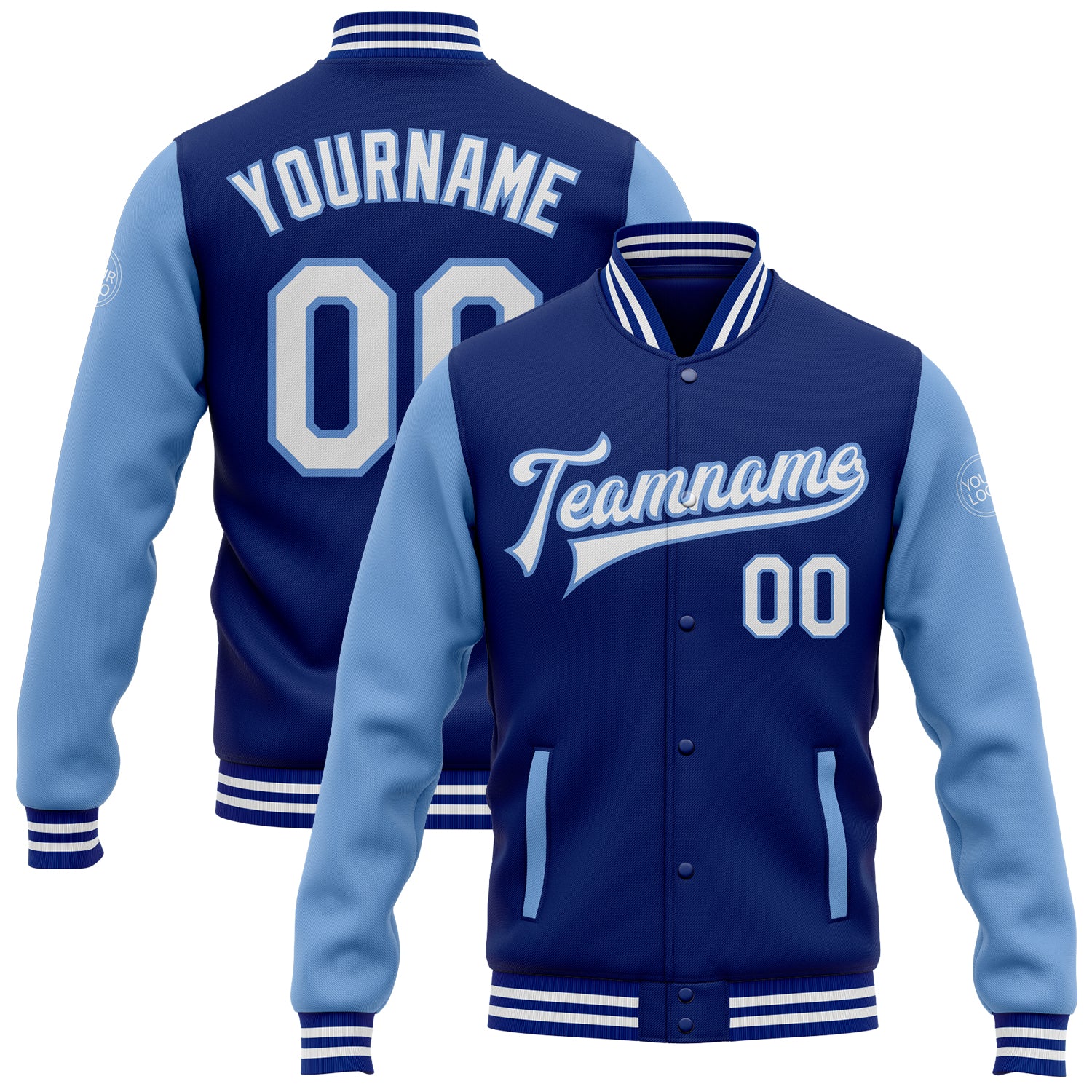 Custom Royal White-Light Blue Bomber Full-Snap Varsity Letterman Two ...
