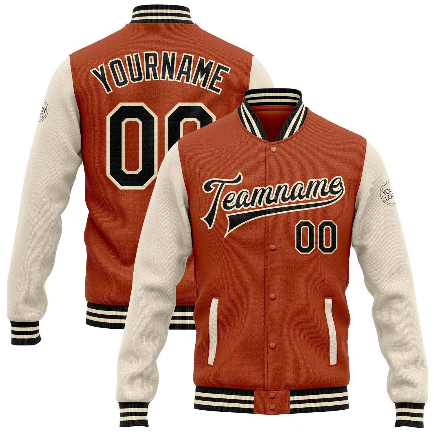 Custom Texas Orange Black-Cream Bomber Full-Snap Varsity Letterman Two ...