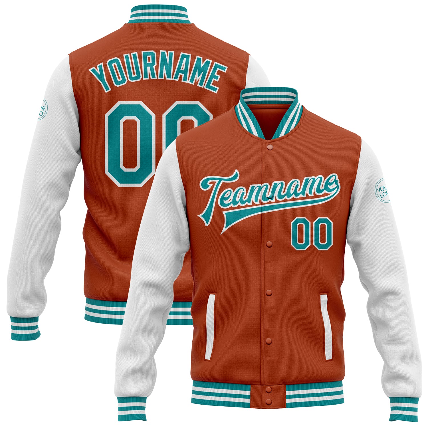 Custom Texas Orange Teal-White Bomber Full-Snap Varsity Letterman Two ...