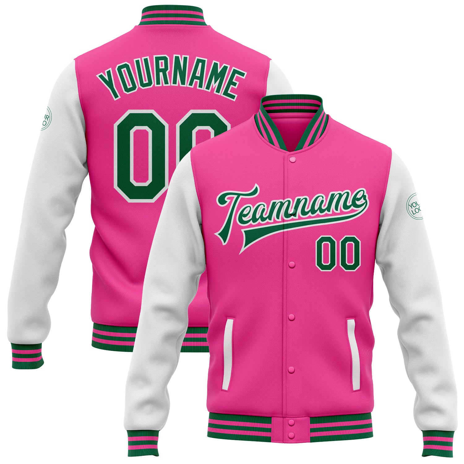 Custom Pink Kelly Green-White Bomber Full-Snap Varsity Letterman Two ...