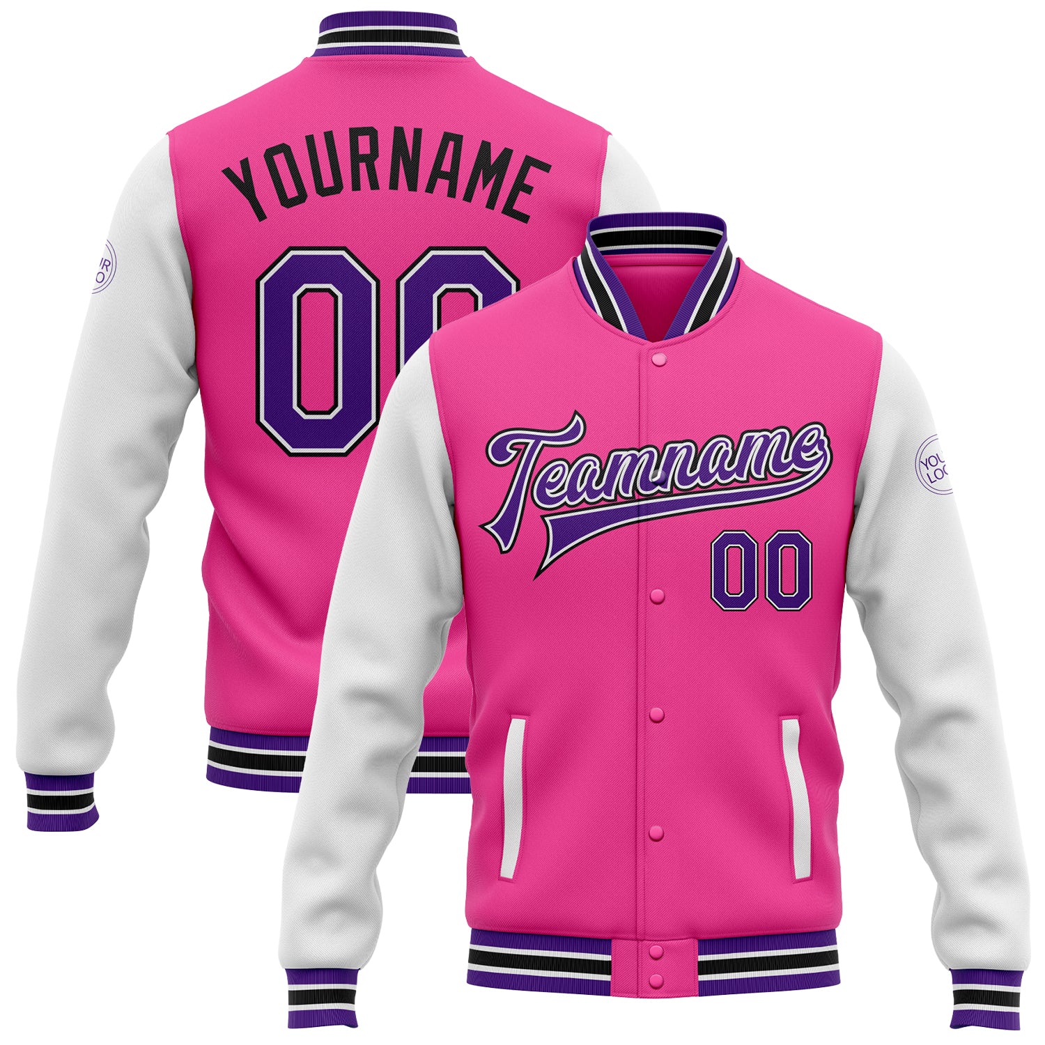 Custom Pink Purple White-Black Bomber Full-Snap Varsity Letterman Two ...
