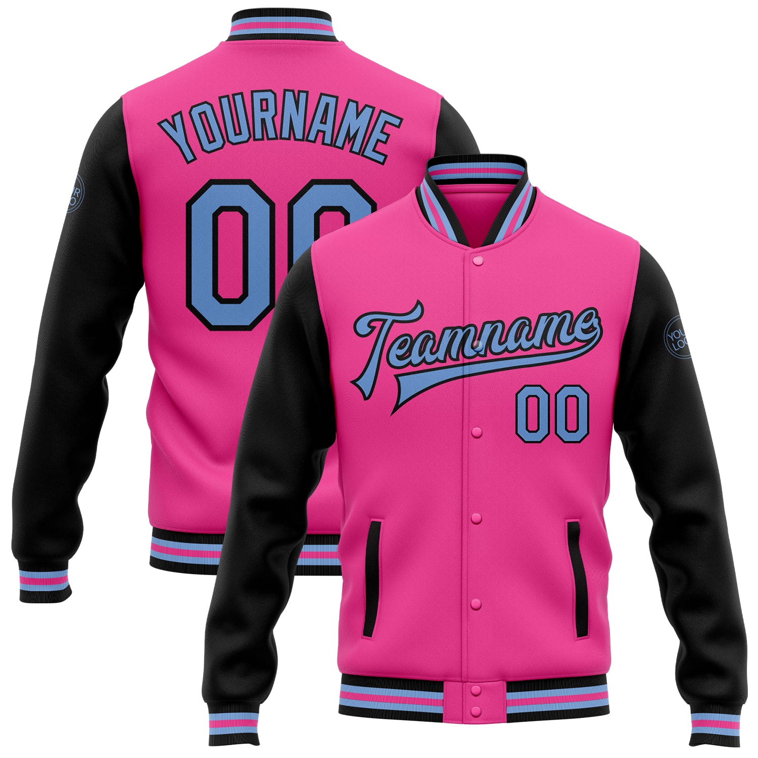Custom Pink Light Blue-Black Bomber Full-Snap Varsity Letterman Two ...