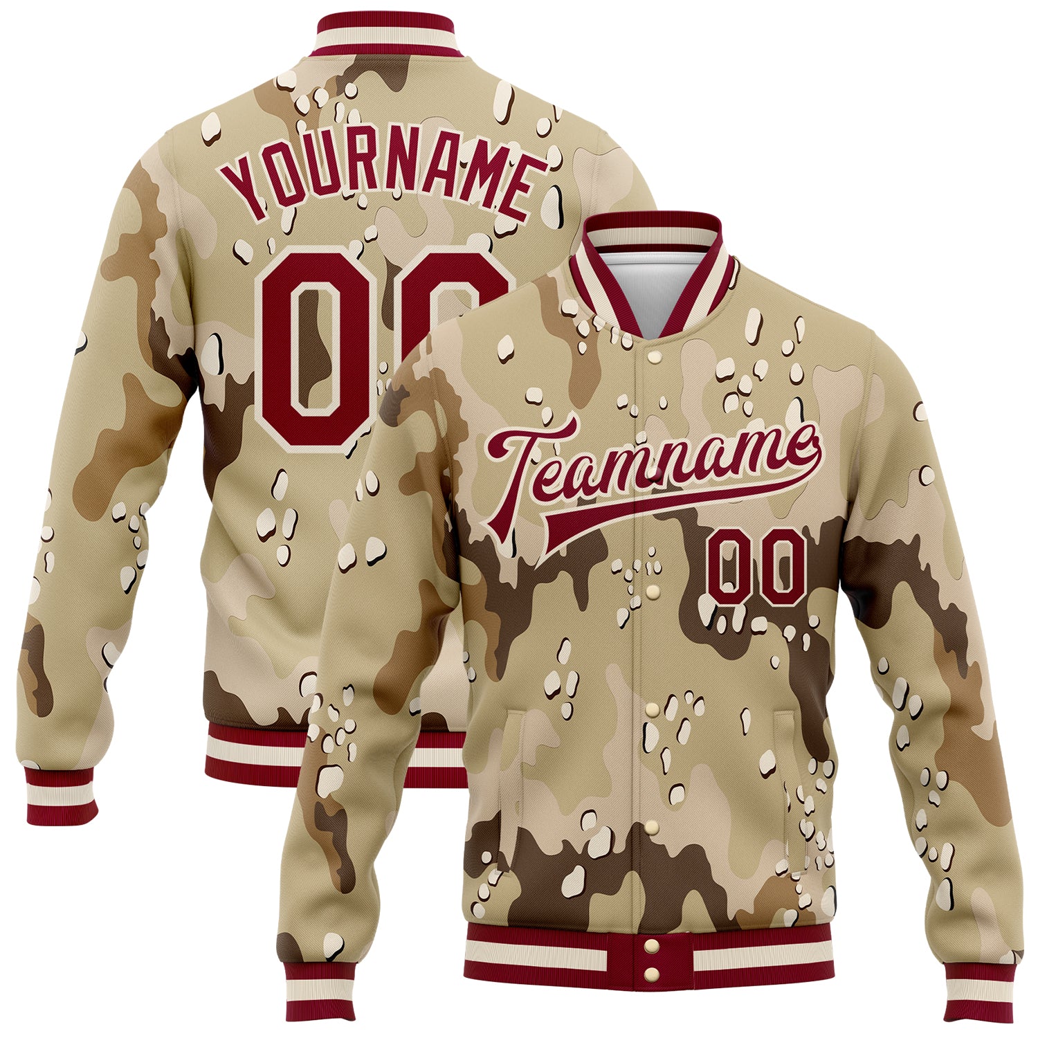 Custom Camo Maroon-Cream Desert Camouflage 3D Bomber Full-Snap Varsity ...