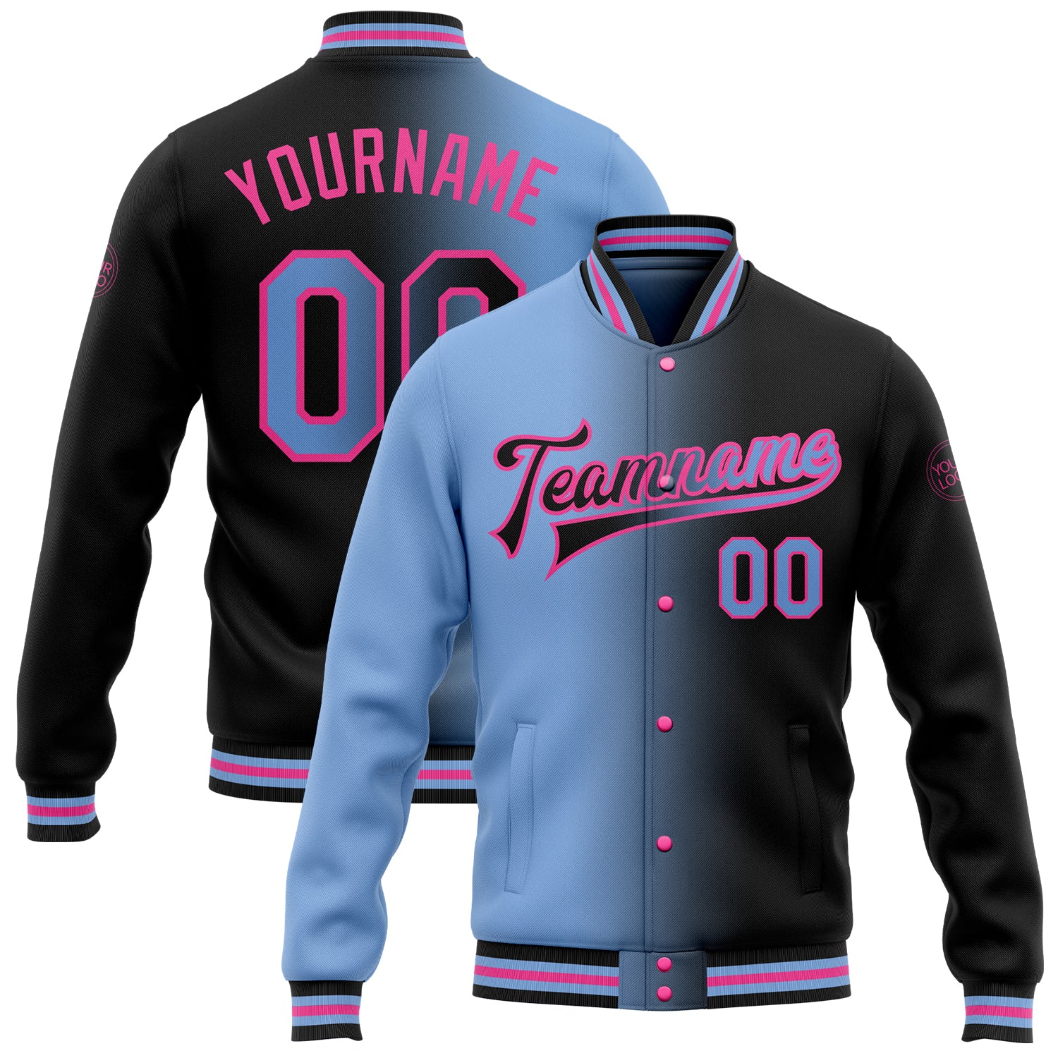 Custom Black Light Blue-Pink Bomber Full-Snap Varsity Letterman ...