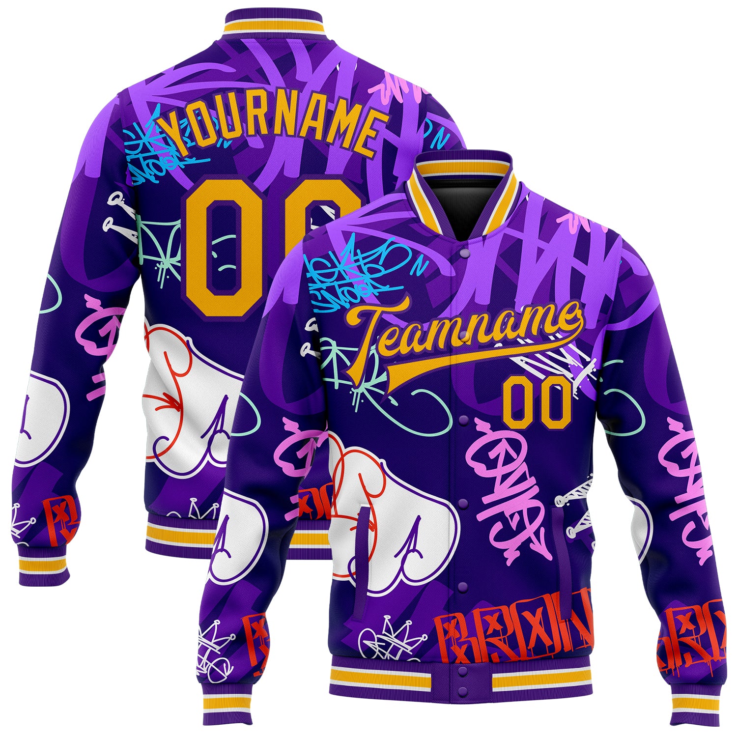 Custom Graffiti Pattern Gold-Purple Hiphop Urban Street Art 3D Bomber ...