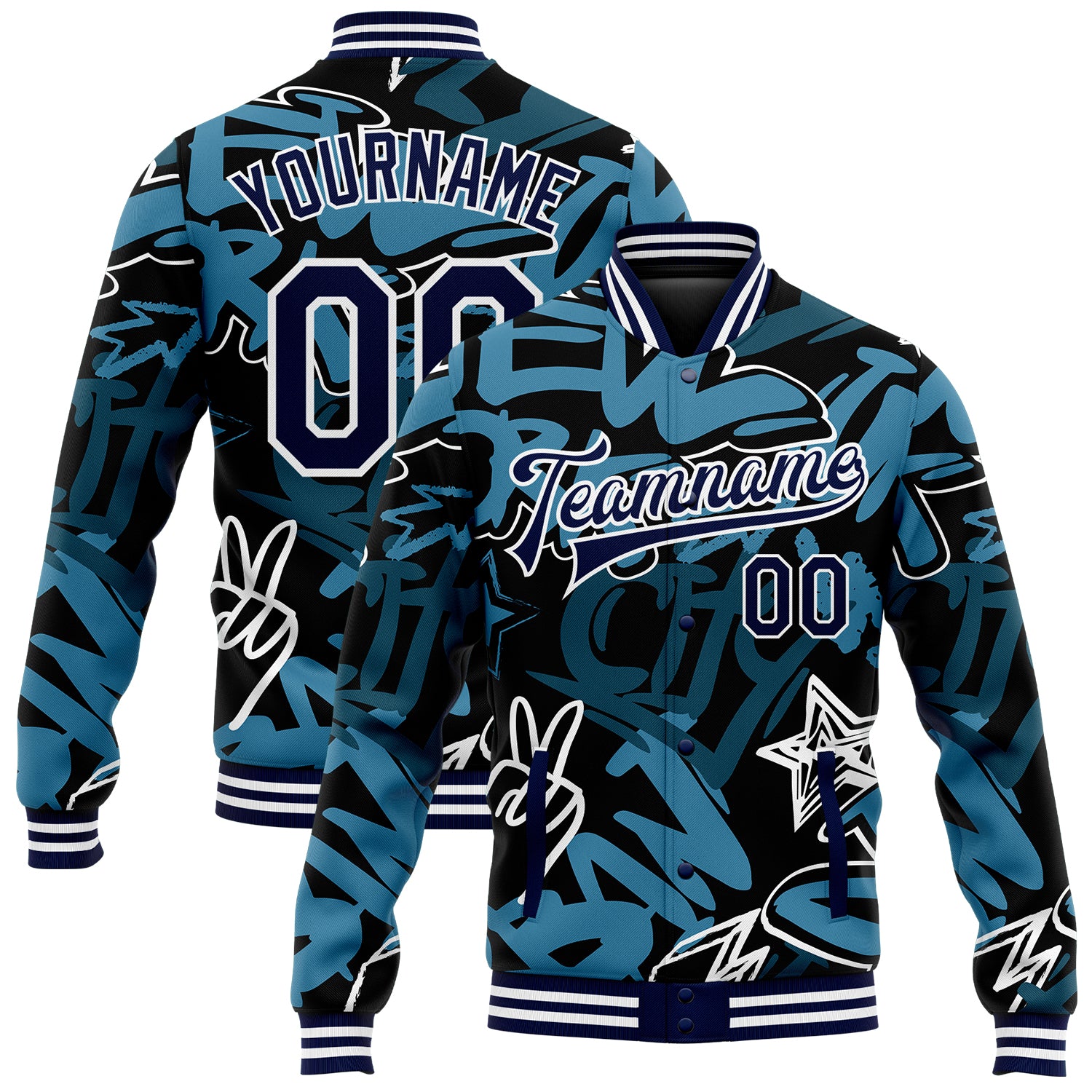 Custom Graffiti Pattern Navy-White Grunge Urban Street Art 3D Bomber ...