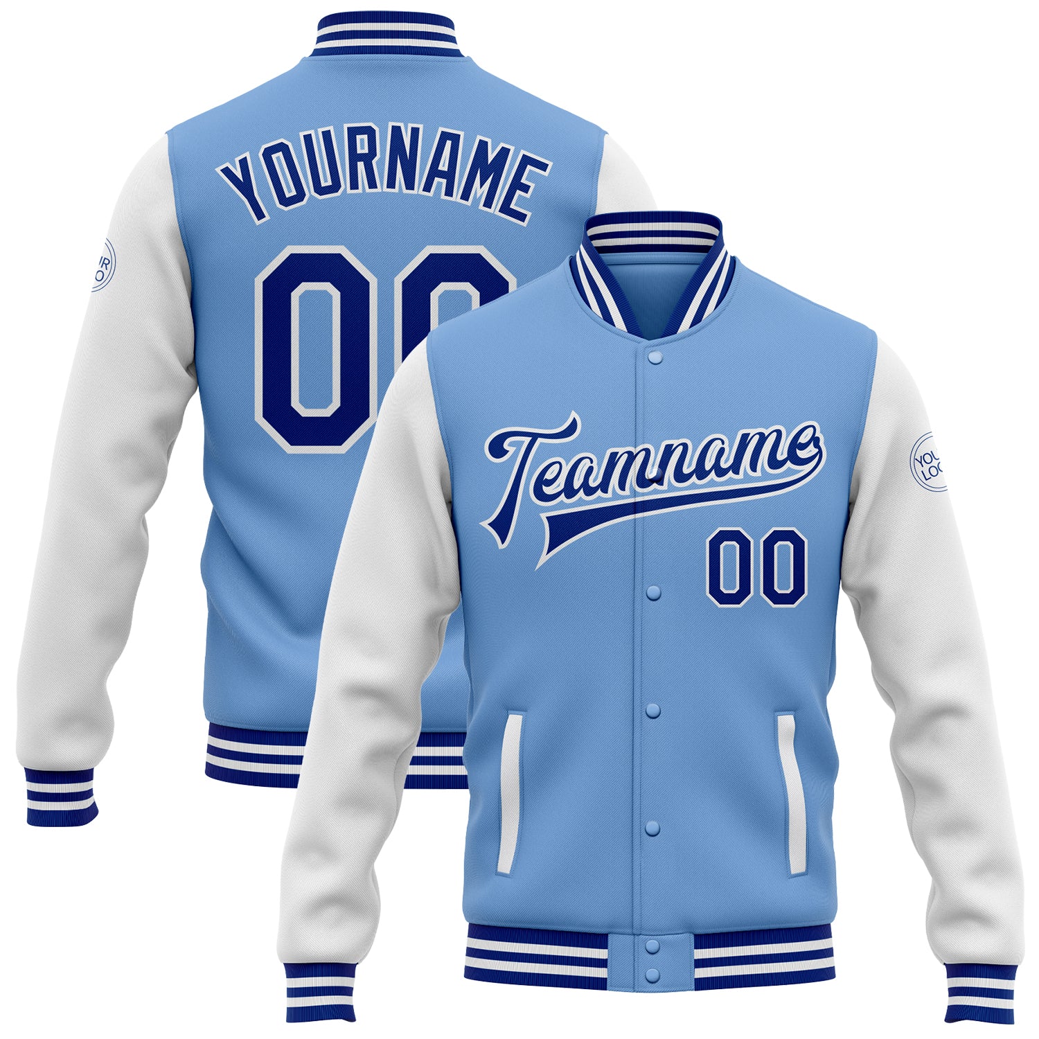 Custom Light Blue Royal-White Bomber Full-Snap Varsity Letterman Two ...