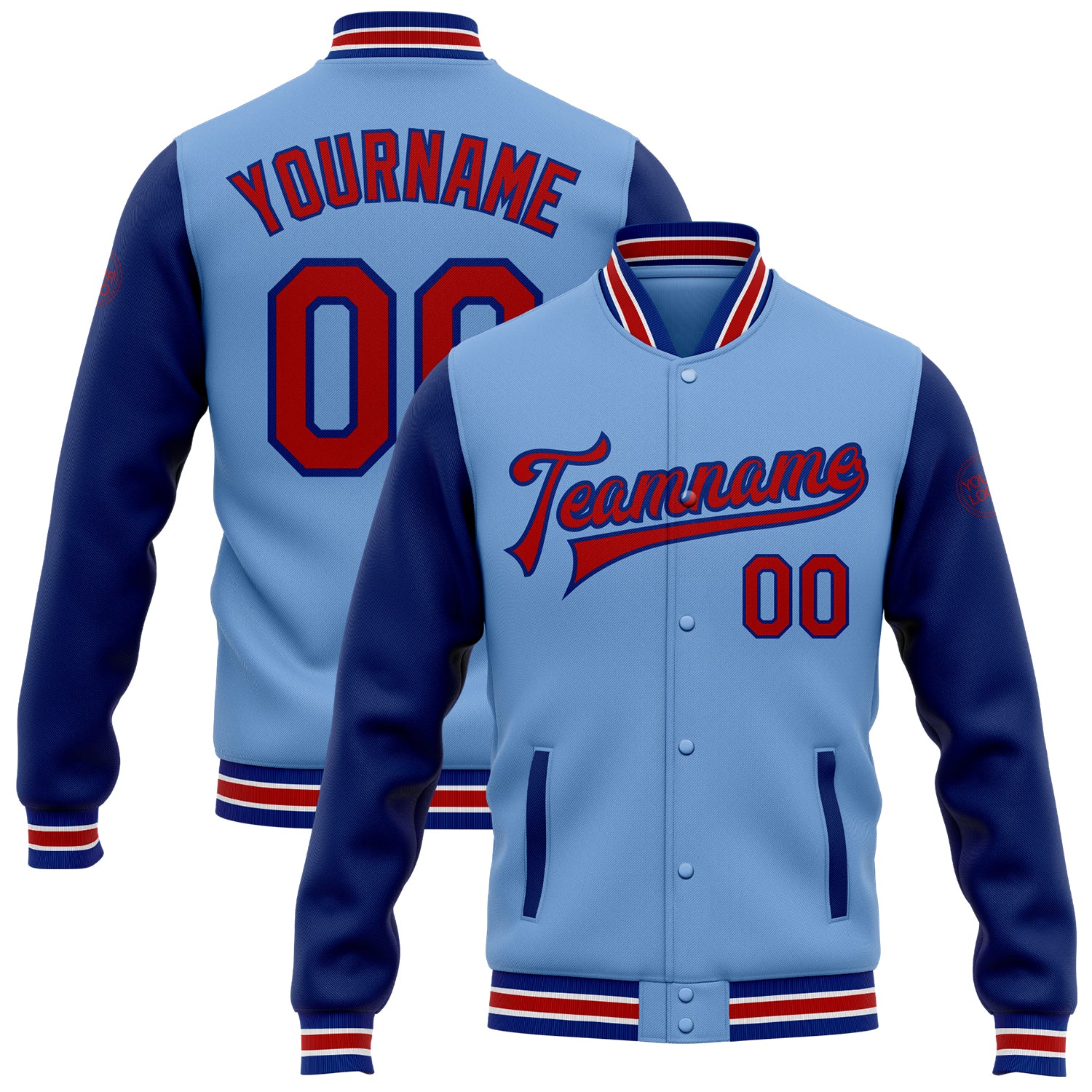 Custom Light Blue Red-Royal Bomber Full-Snap Varsity Letterman Two Tone ...