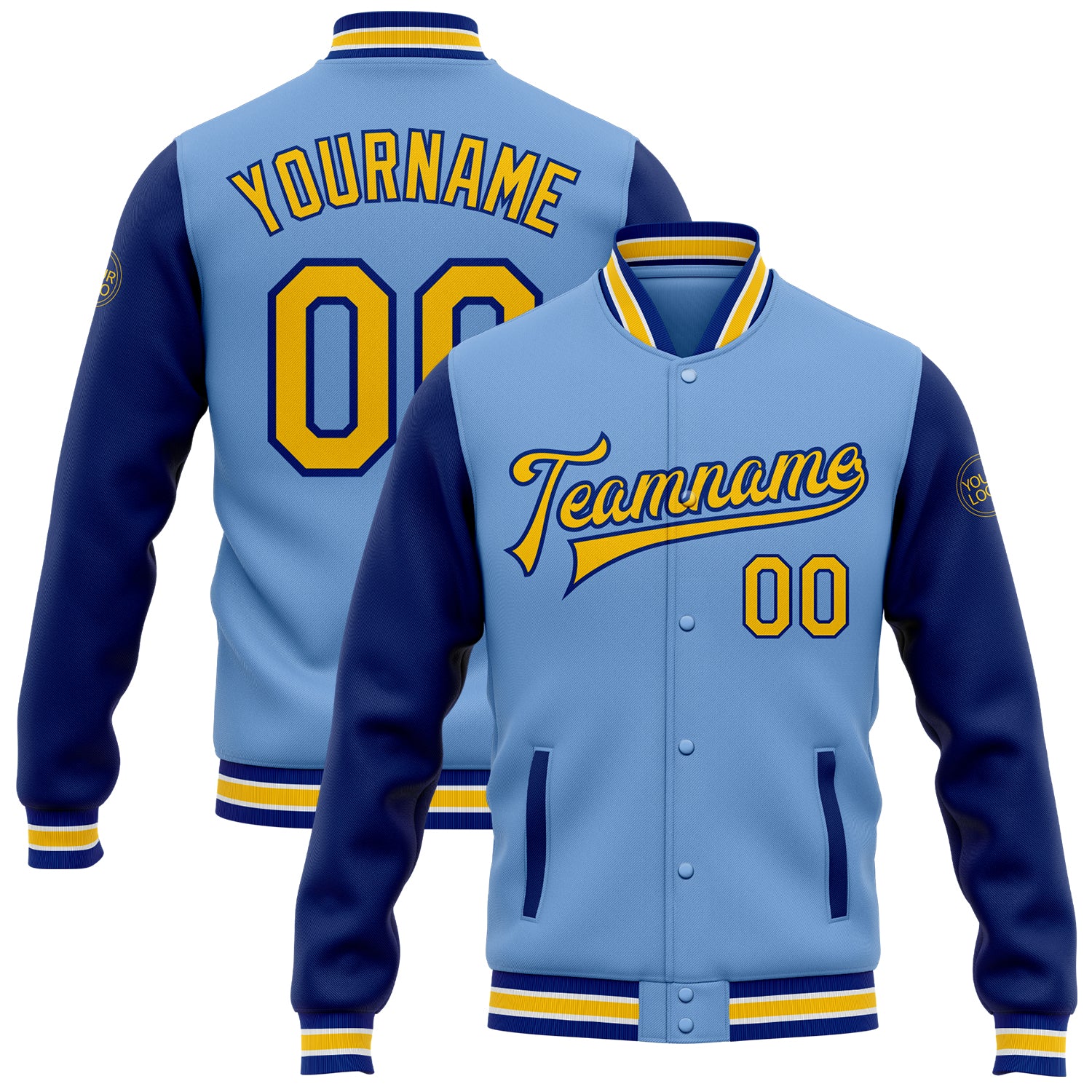 Custom Light Blue Yellow-Royal Bomber Full-Snap Varsity Letterman Two ...