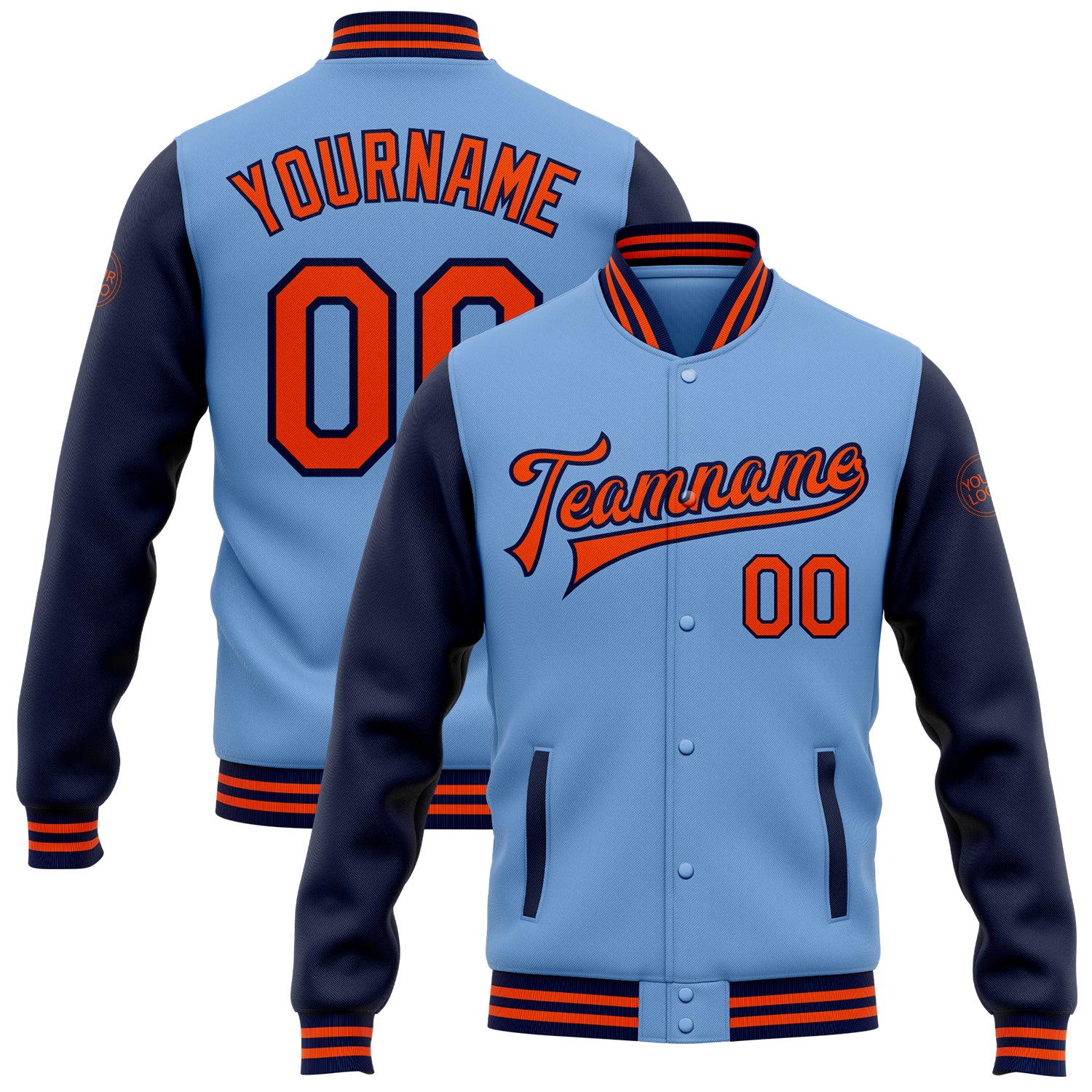 Custom Light Blue Orange-Navy Bomber Full-Snap Varsity Letterman Two ...