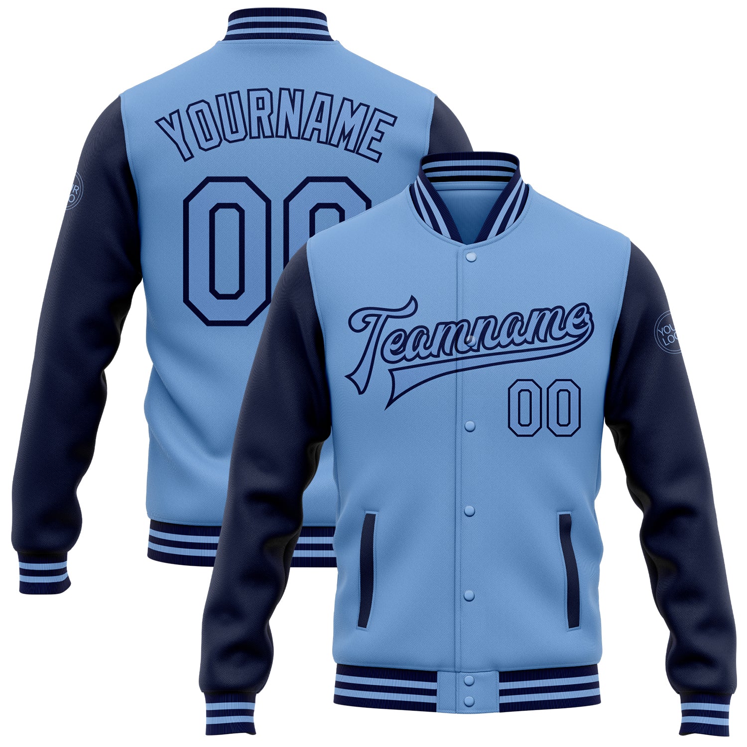 Custom Light Blue Navy Bomber Full-Snap Varsity Letterman Two Tone ...