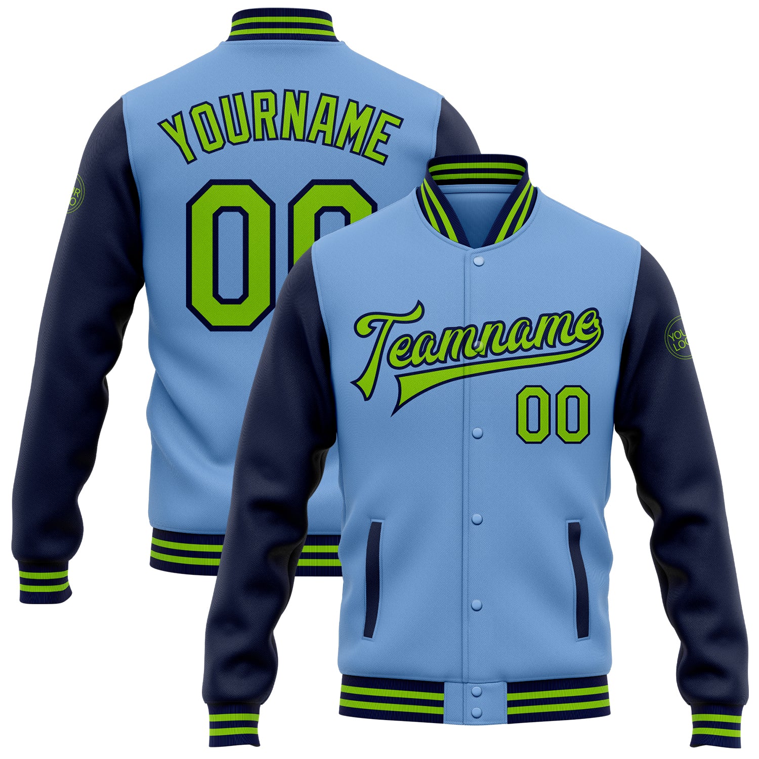 Custom Light Blue Neon Green-Navy Bomber Full-Snap Varsity Letterman ...