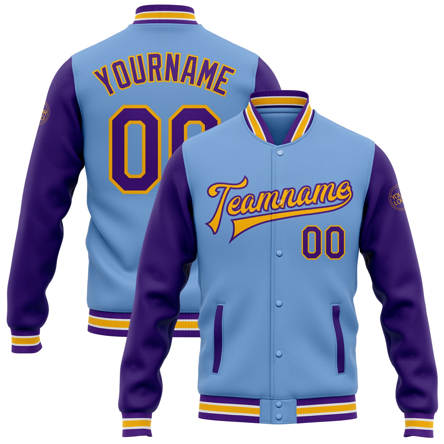 Custom Light Blue Purple-Gold Bomber Full-Snap Varsity Letterman Two ...