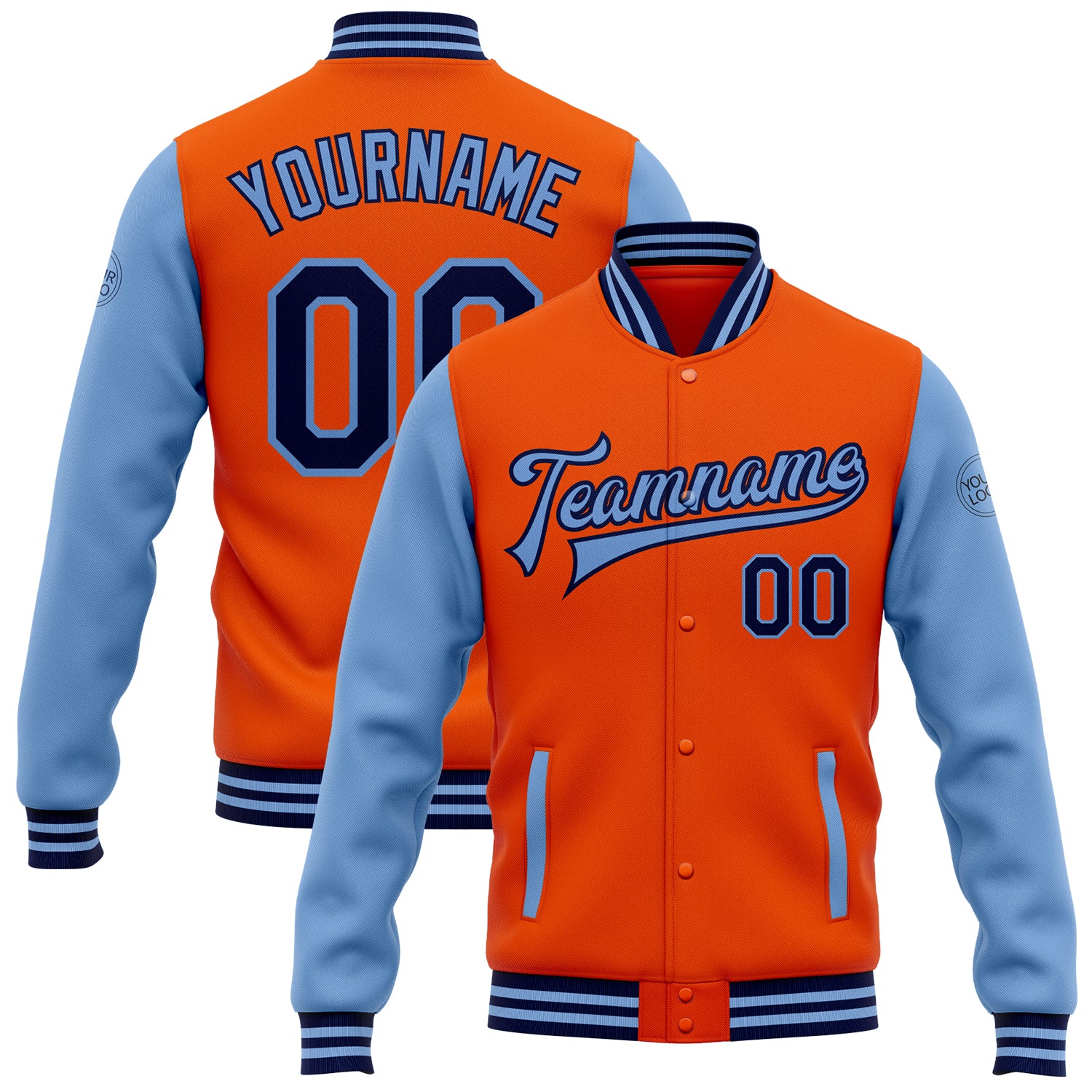 Custom Orange Navy-Light Blue Bomber Full-Snap Varsity Letterman Two ...