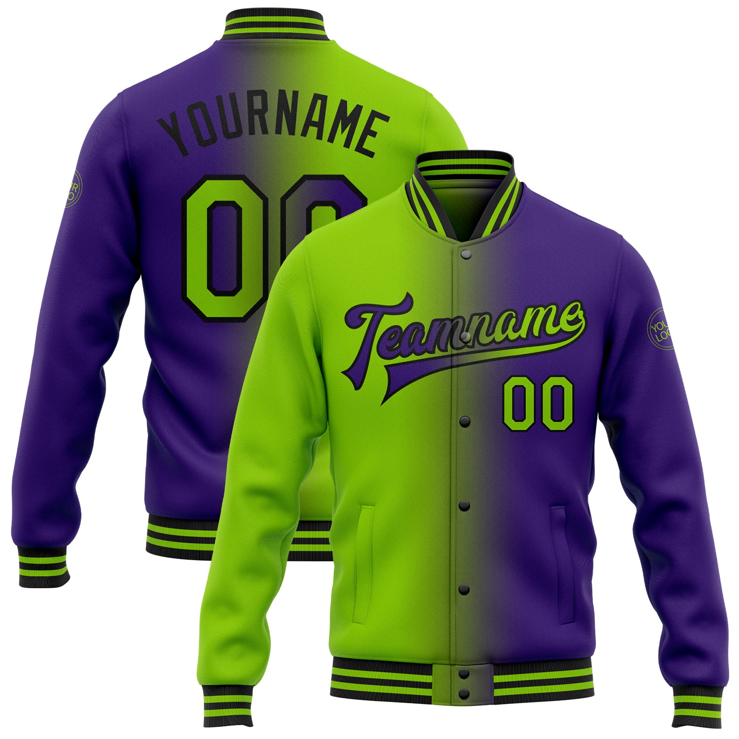 Custom Purple Neon Green-Black Bomber Full-Snap Varsity Letterman ...