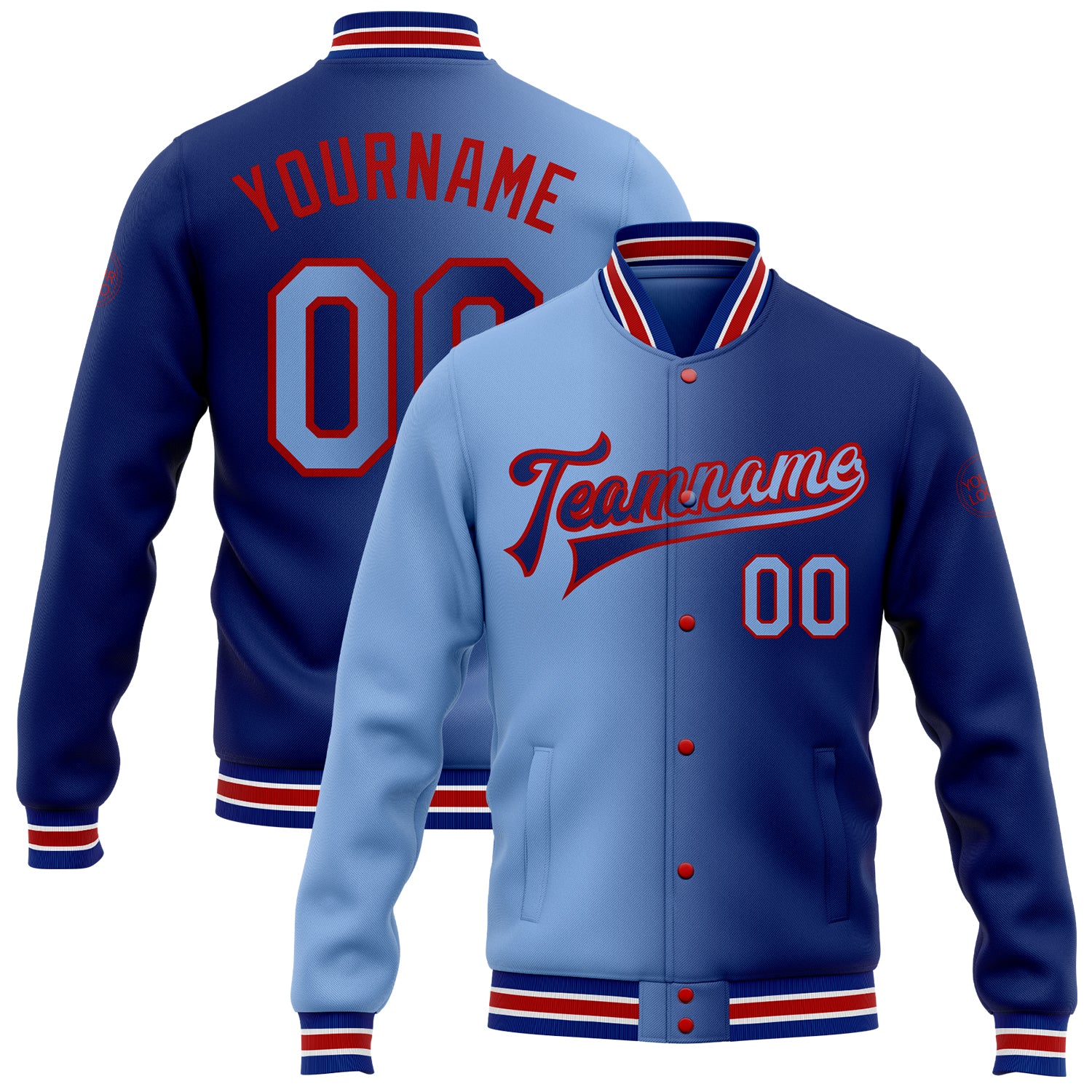 Custom Royal Light Blue-Red Bomber Full-Snap Varsity Letterman Gradient ...