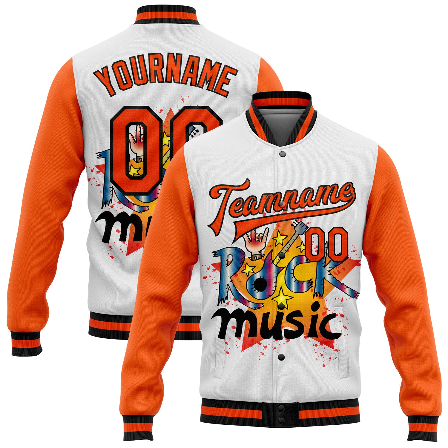 Custom White Orange-Black Rock Music Festival 3D Pattern Design Bomber ...