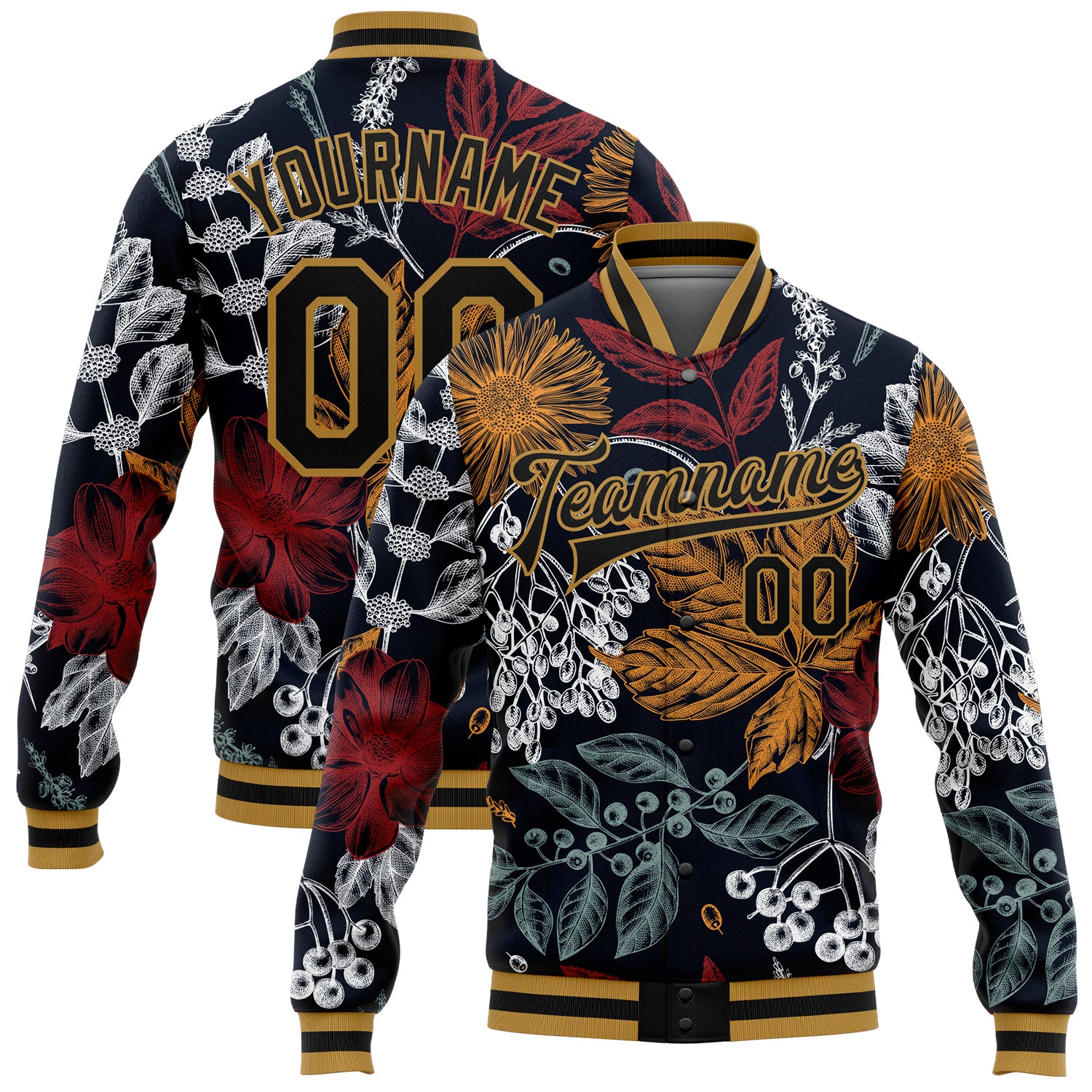 Custom Black Old Gold Flowers And Branches 3D Pattern Design Bomber ...