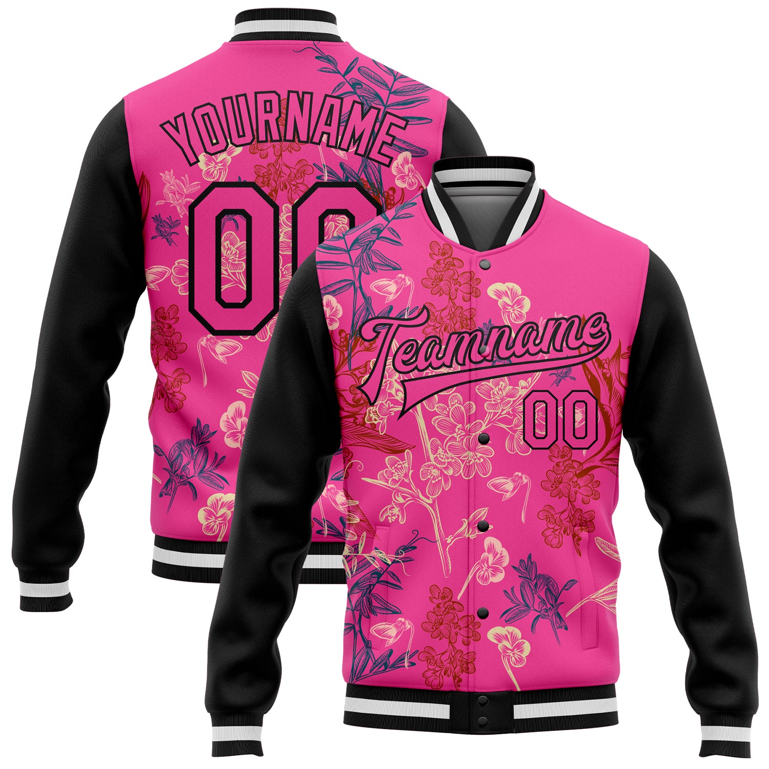 Custom Pink Black Flowers 3D Pattern Design Bomber Full-Snap Varsity ...