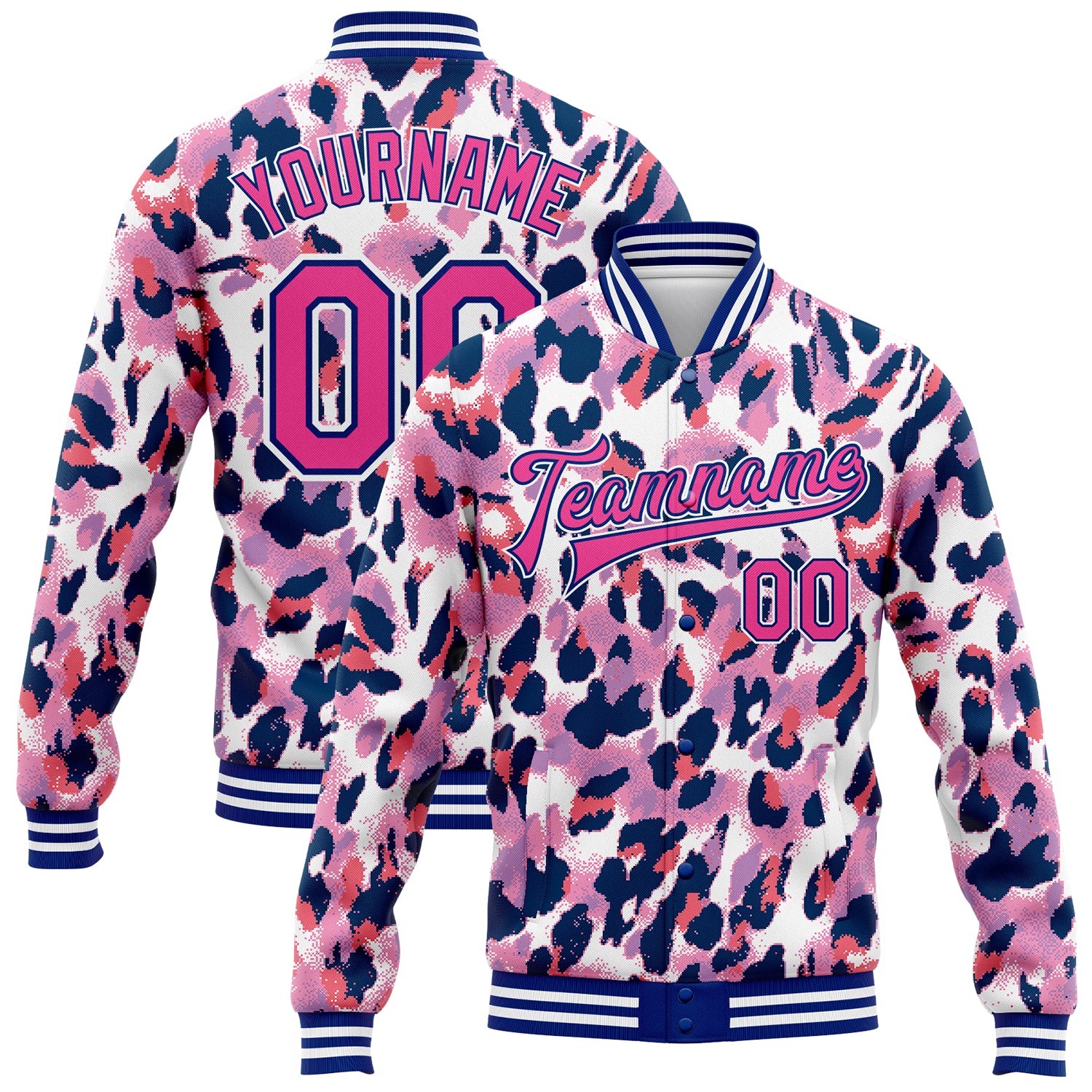 Custom White Pink-Royal Leopard Print 3D Pattern Design Bomber Full ...