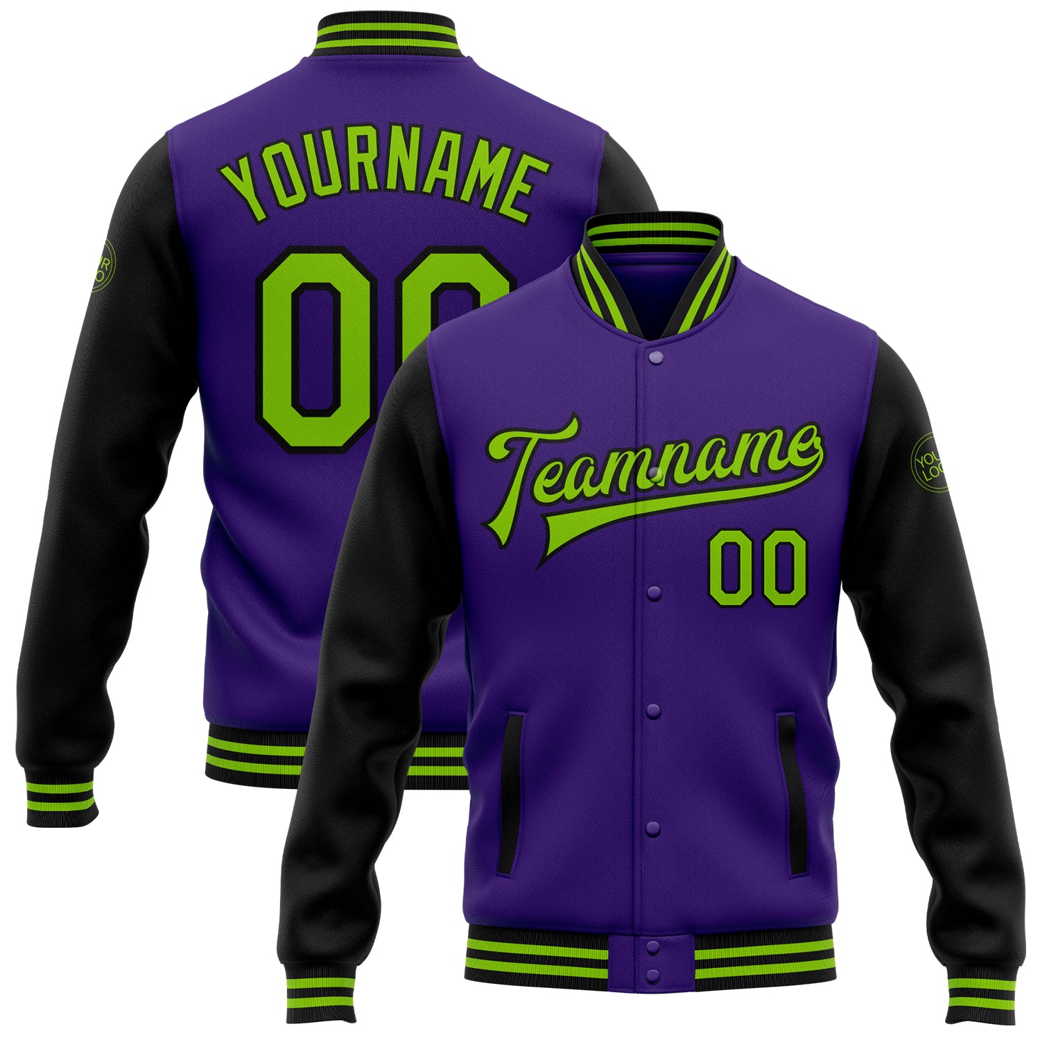 Custom Purple Neon Green-Black Bomber Full-Snap Varsity Letterman Two ...