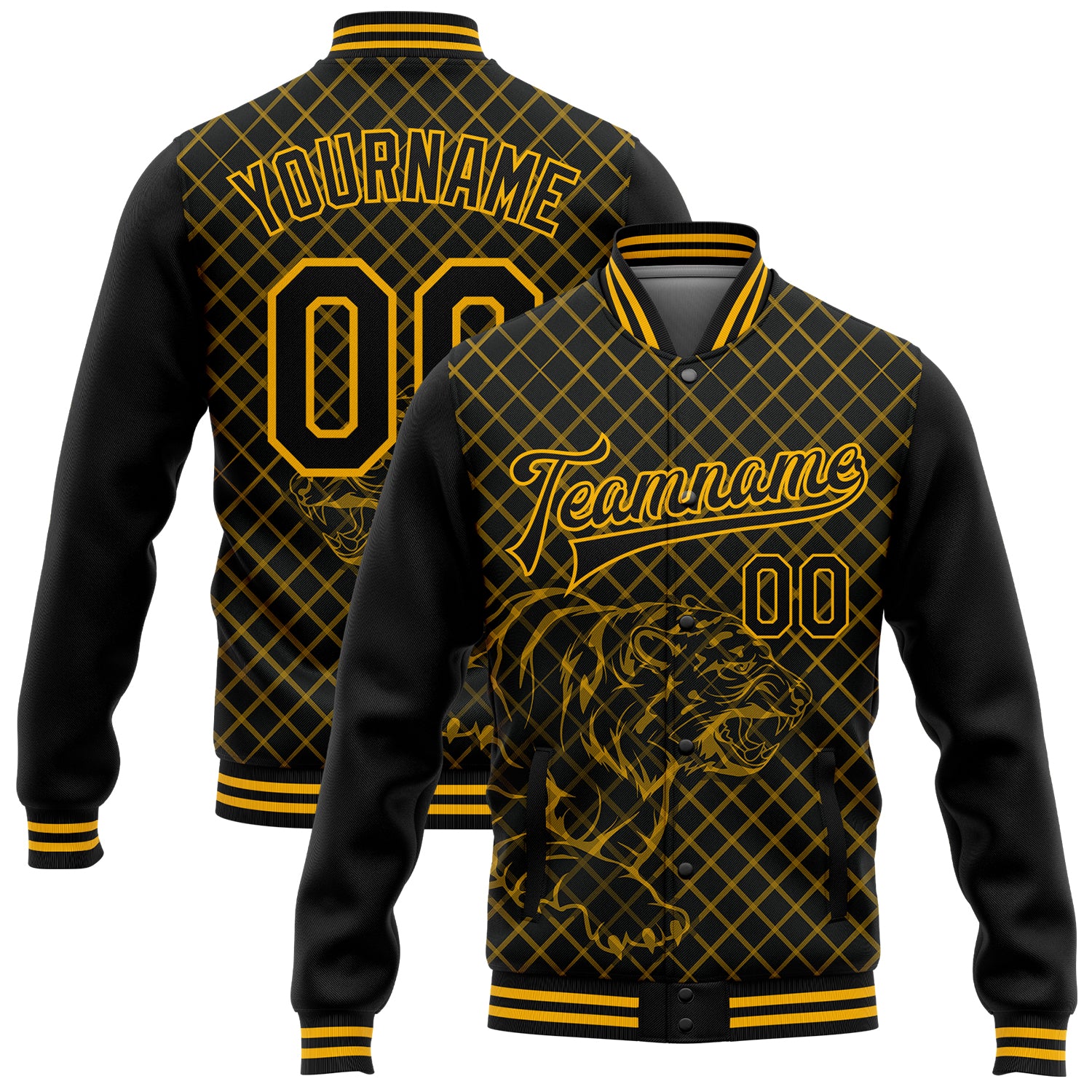 Custom Black Gold Check And Tiger 3D Pattern Design Bomber Full-Snap ...