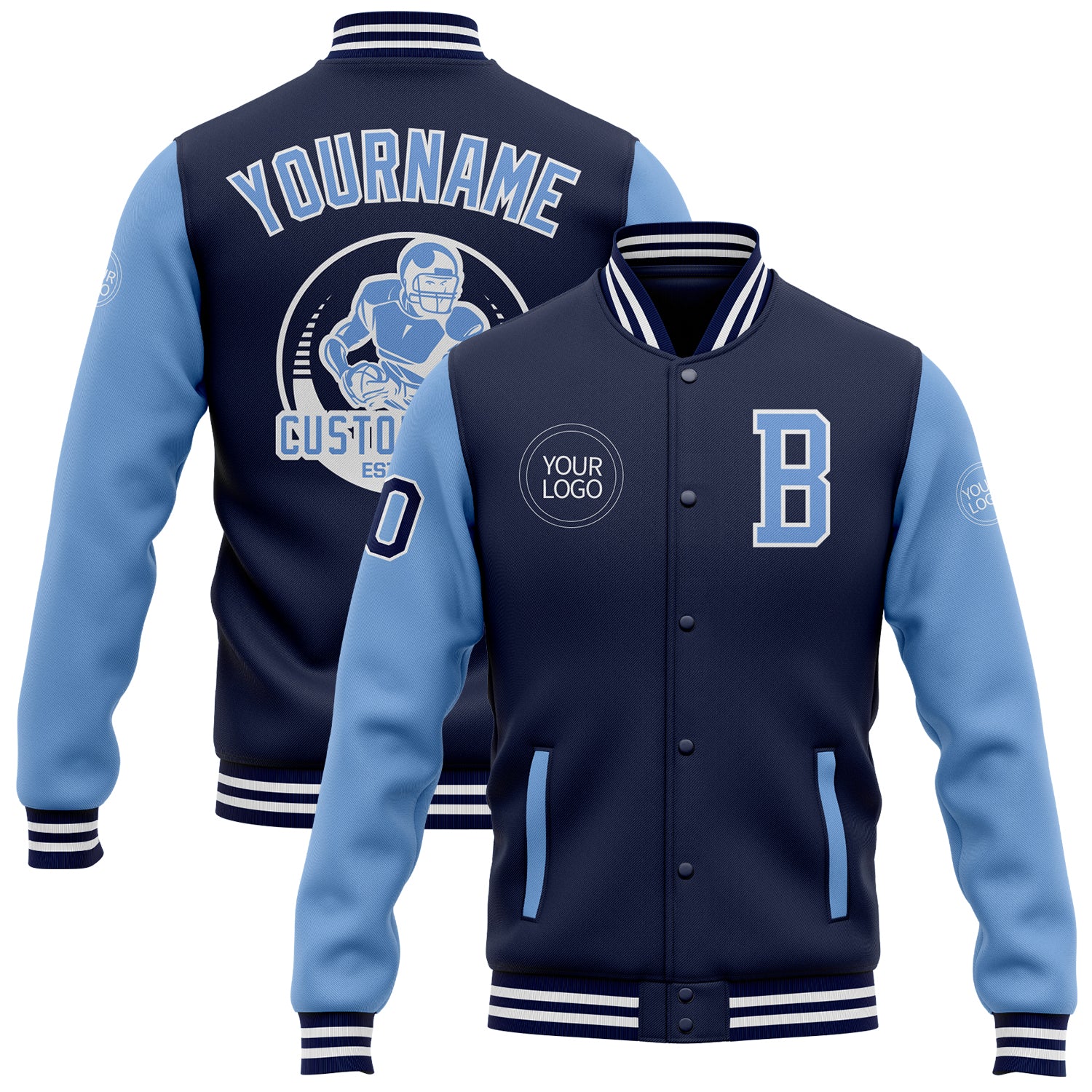Custom Navy Light Blue-White Bomber Full-Snap Varsity Letterman Two ...