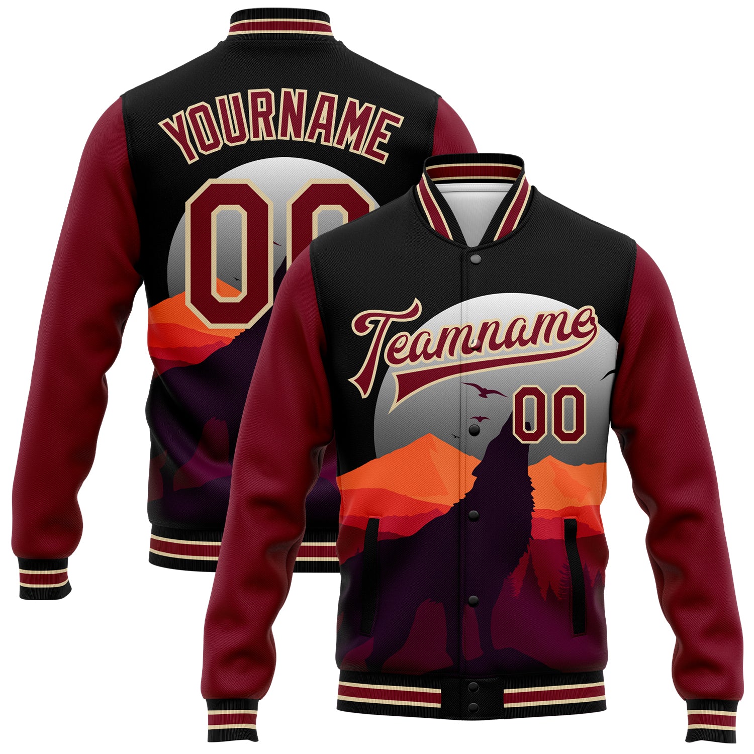 Custom Black Crimson-City Cream Wolf Howling 3D Pattern Design Bomber ...
