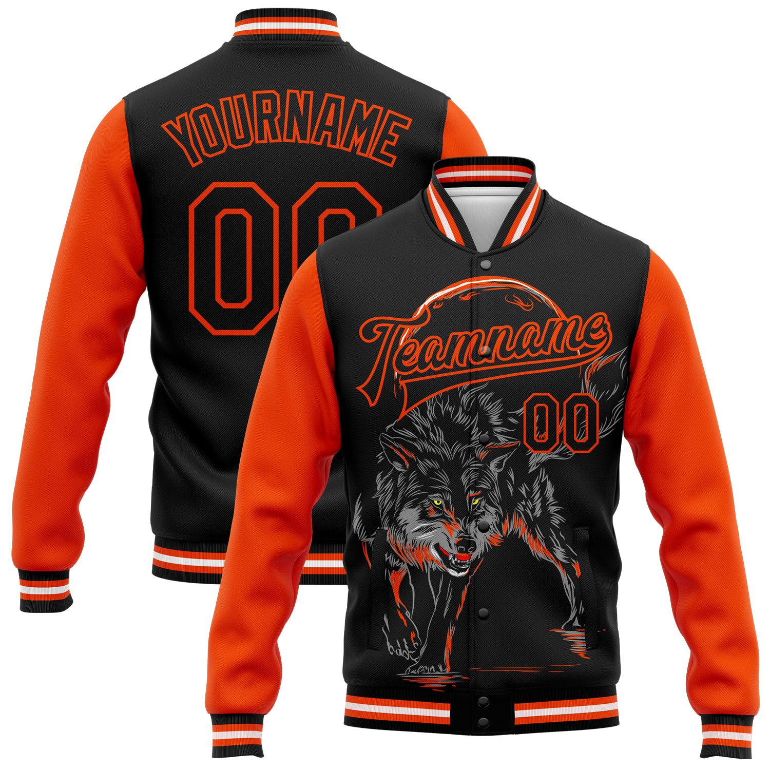Custom Black Orange Wolf 3D Pattern Design Bomber Full-Snap Varsity ...