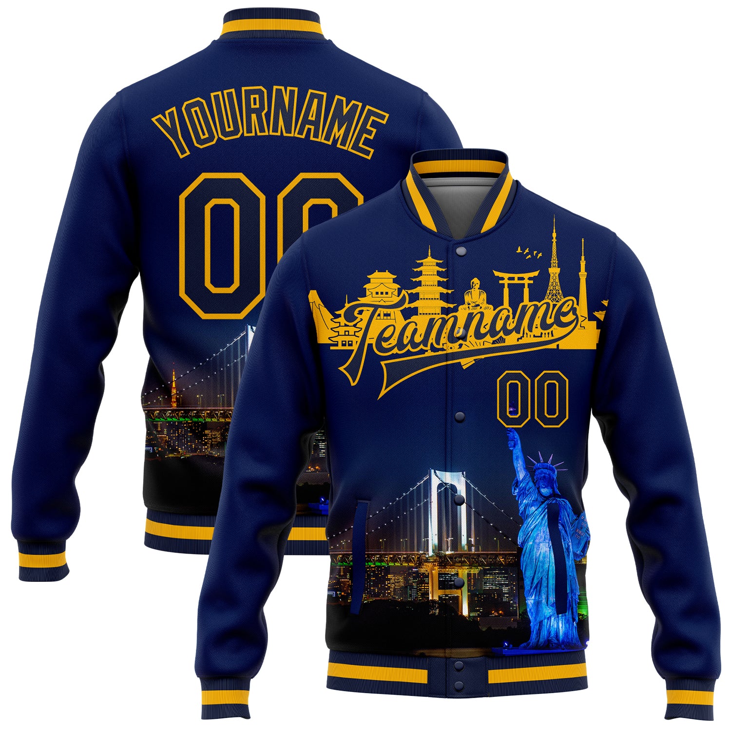 Custom Navy Gold Rainbow Bridge And Statue Of Liberty Tokyo Japan City ...