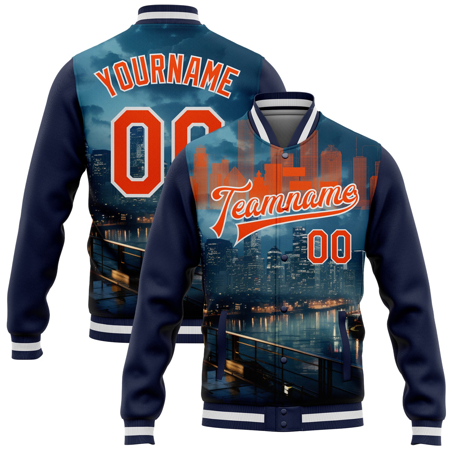 Custom Navy Orange-White Houston Texas City Edition 3D Bomber Full-Snap ...